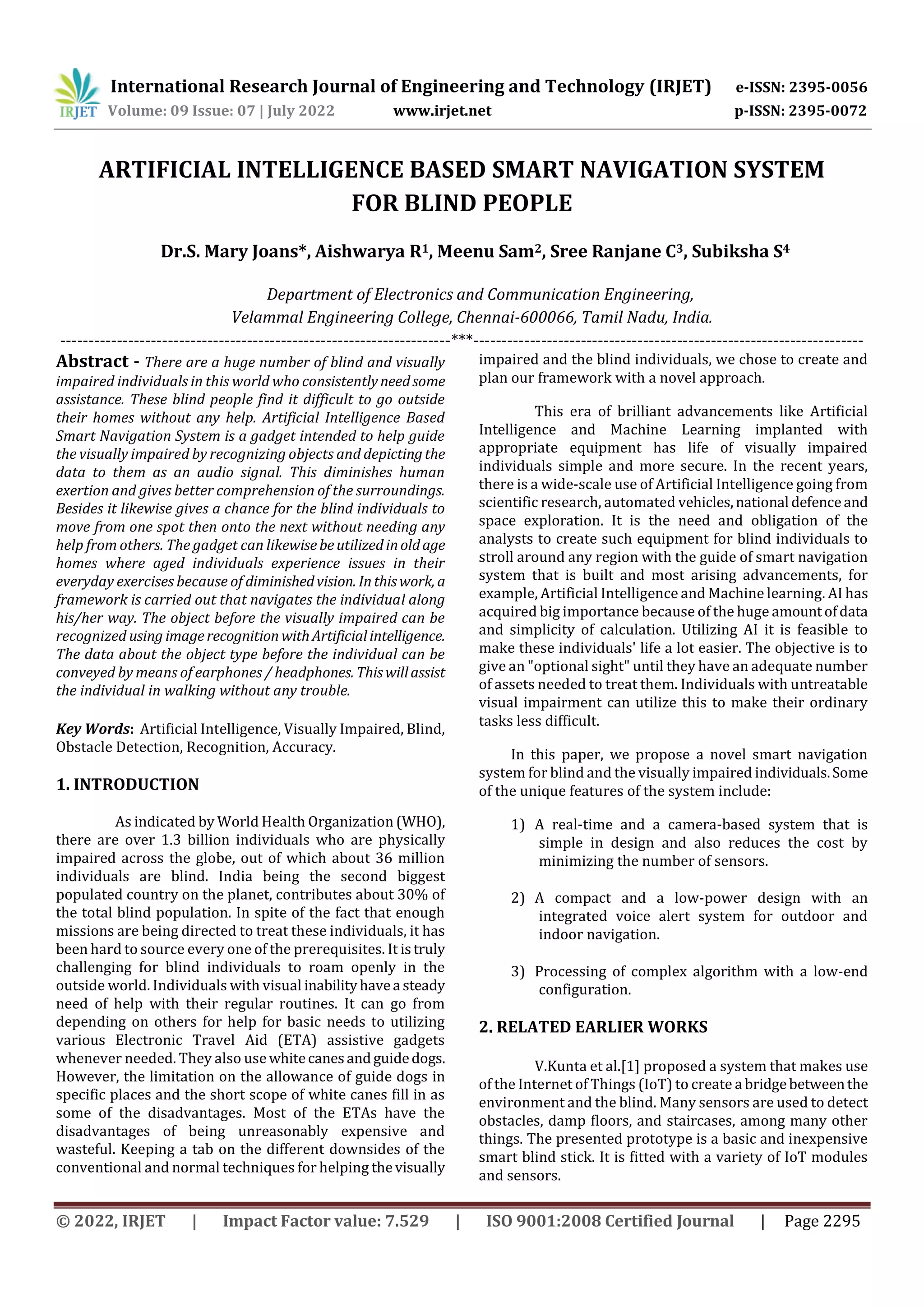 ARTIFICIAL INTELLIGENCE BASED SMART NAVIGATION SYSTEM FOR BLIND PEOPLE | PDF