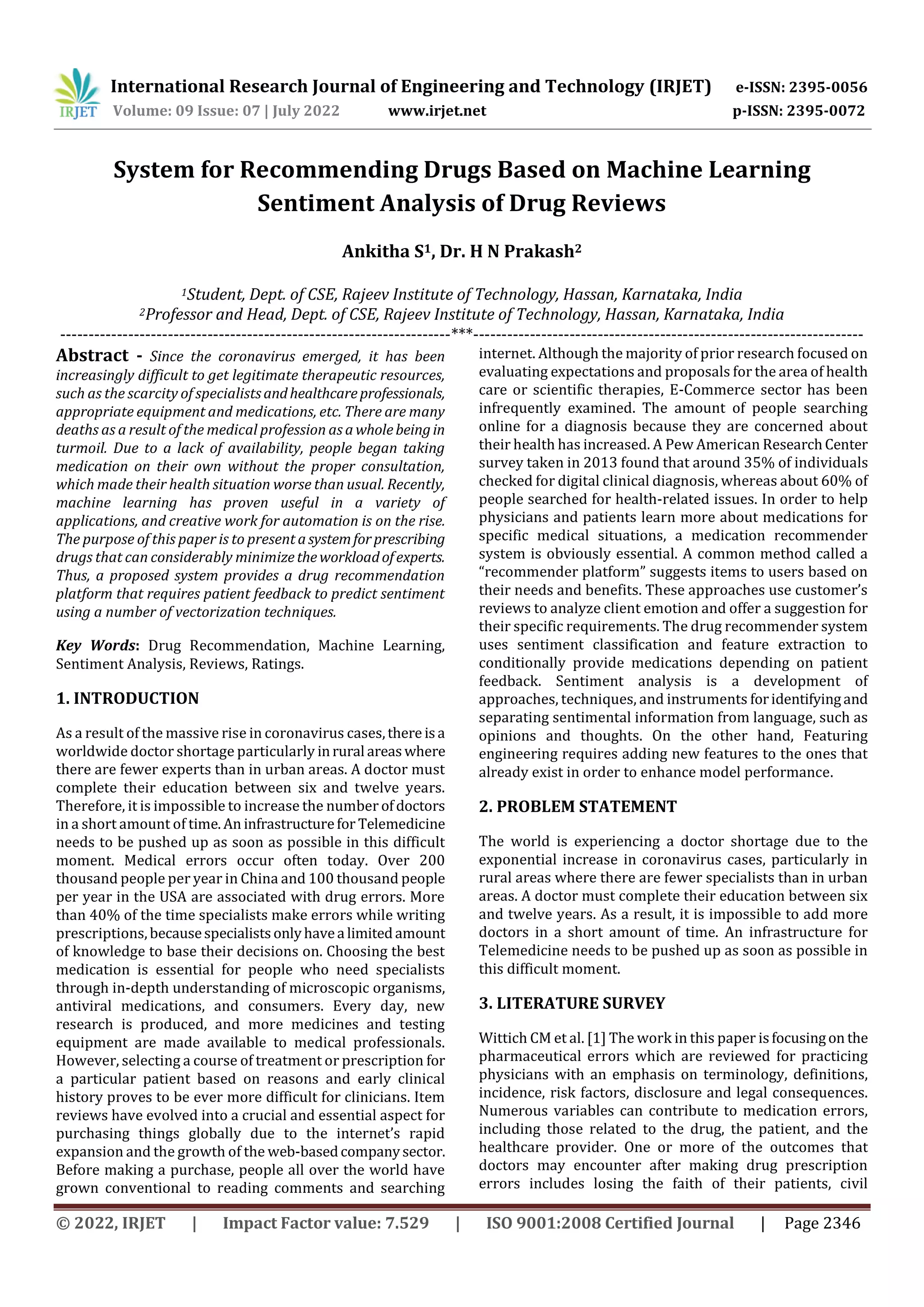 System for Recommending Drugs Based on Machine Learning Sentiment Analysis of Drug Reviews | PDF