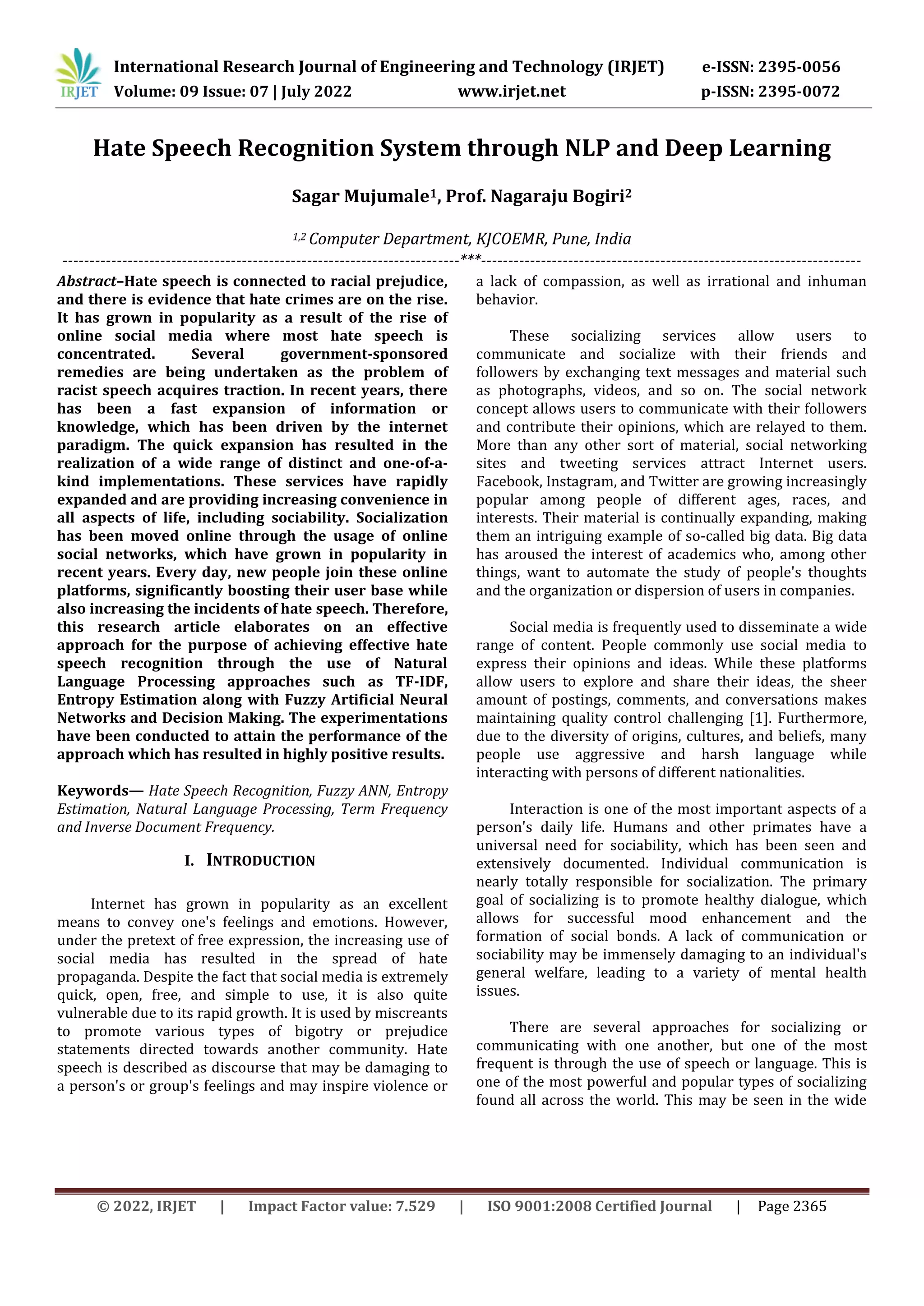 Hate Speech Recognition System through NLP and Deep Learning | PDF