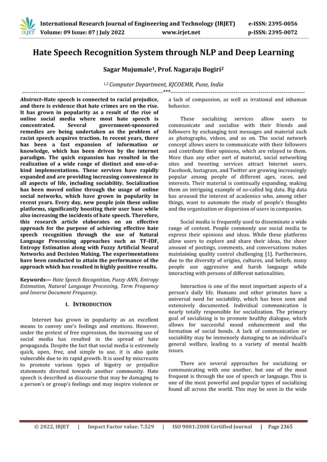 Hate Speech Recognition System through NLP and Deep Learning | PDF