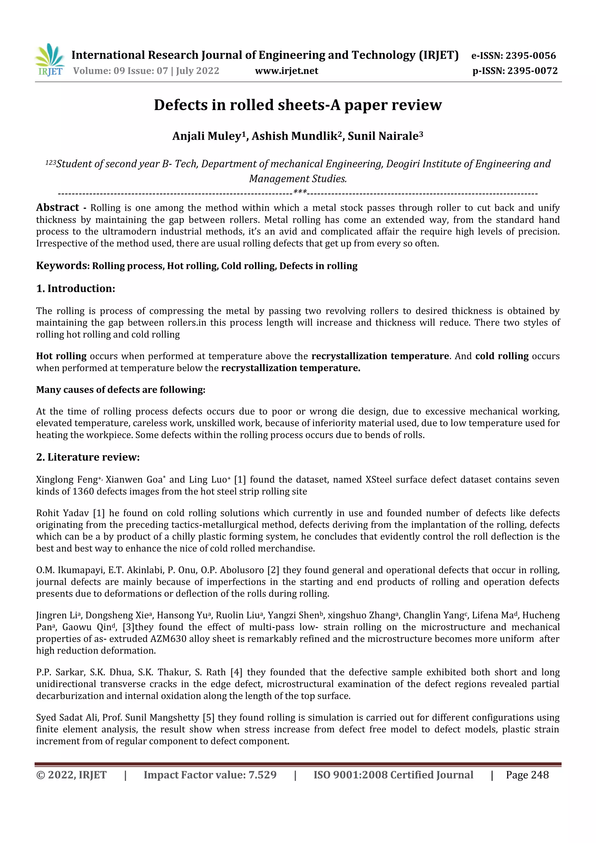 Defects in rolled sheets-A paper review | PDF