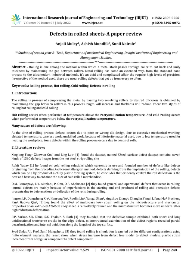 Defects in rolled sheets-A paper review | PDF