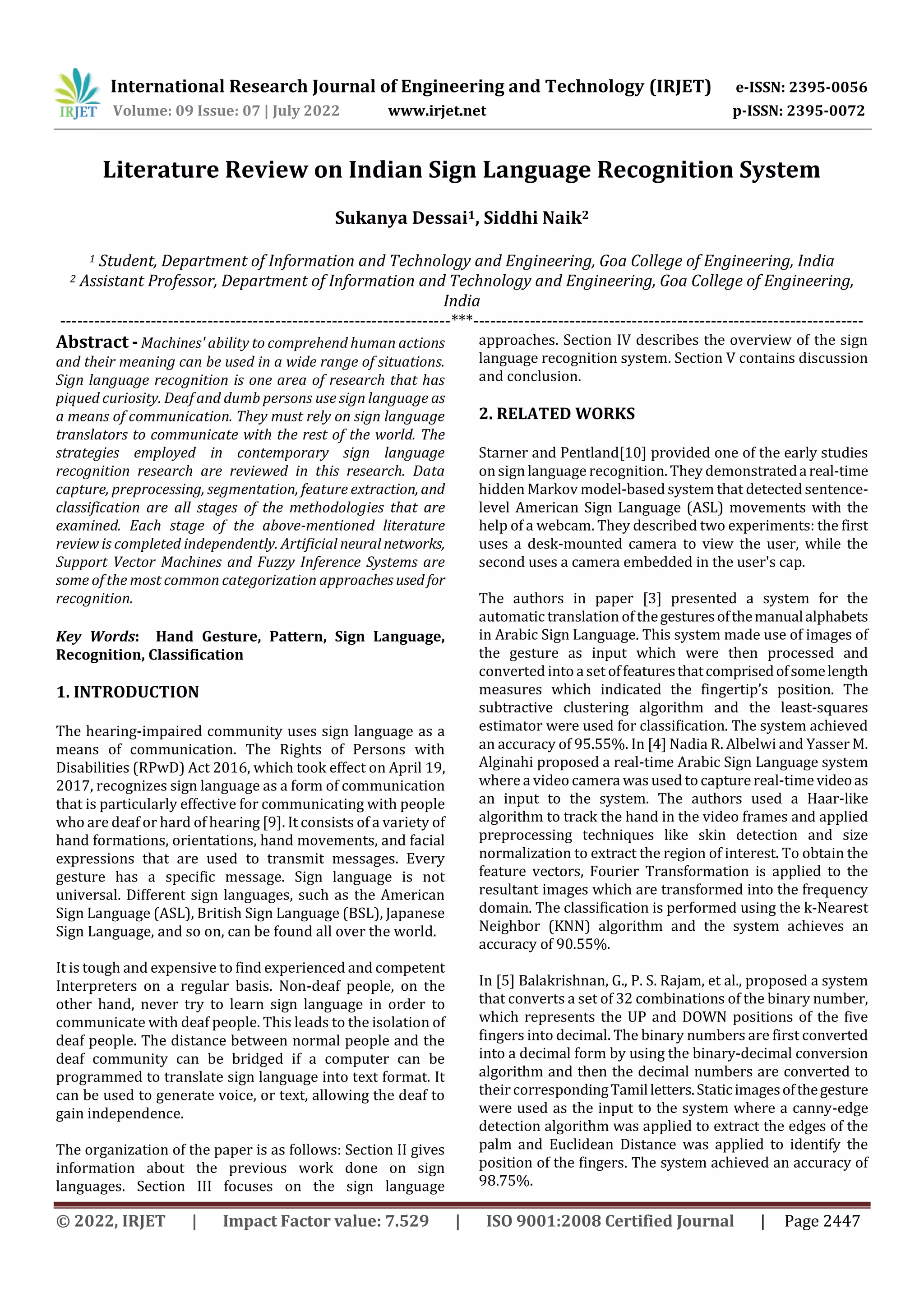 Literature Review on Indian Sign Language Recognition System | PDF