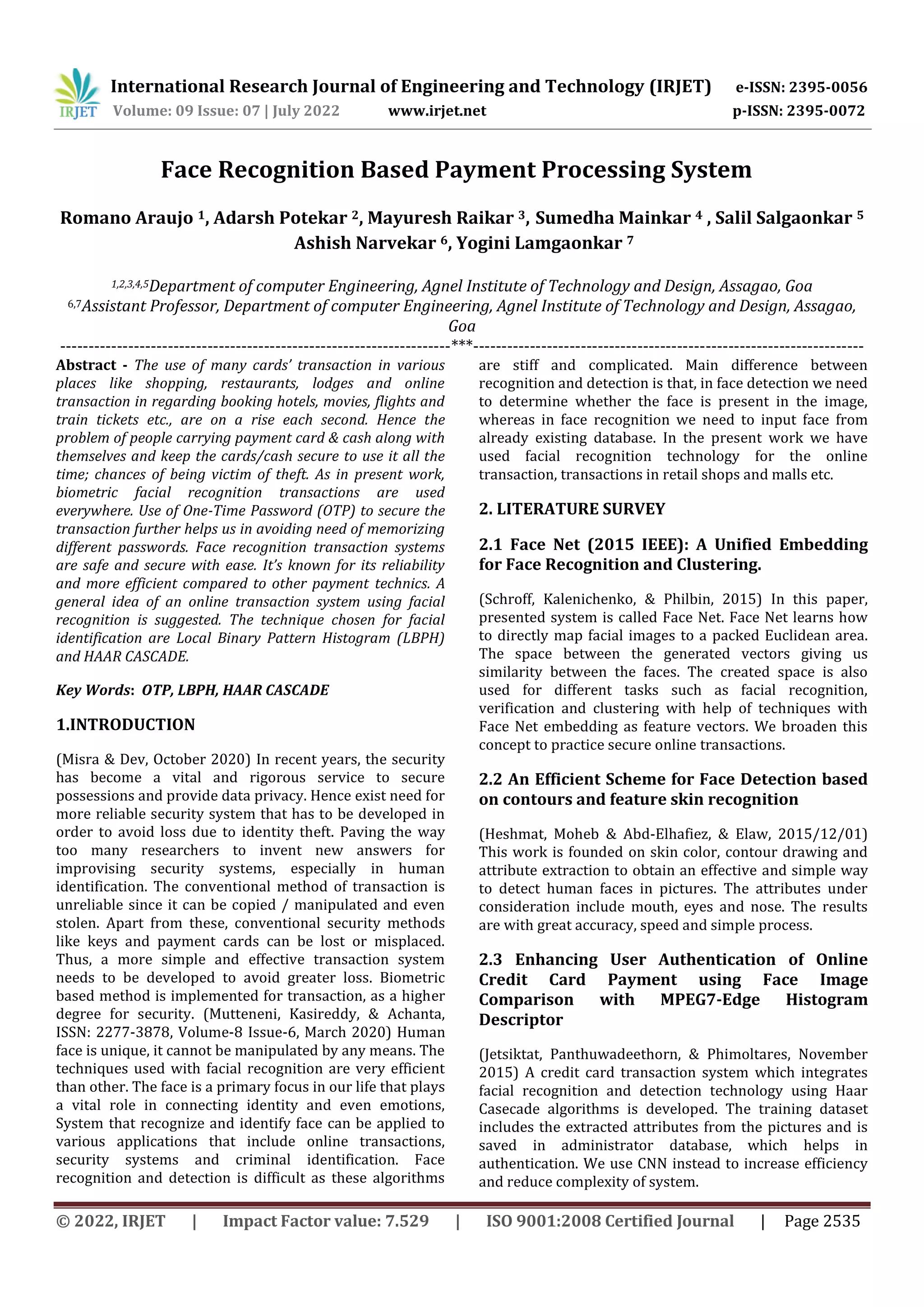 Face Recognition Based Payment Processing System | PDF