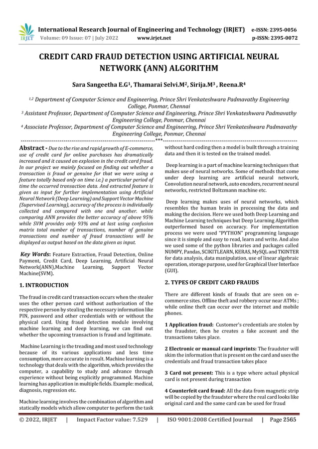 CREDIT CARD FRAUD DETECTION USING ARTIFICIAL NEURAL NETWORK (ANN) ALGORITHM | PDF