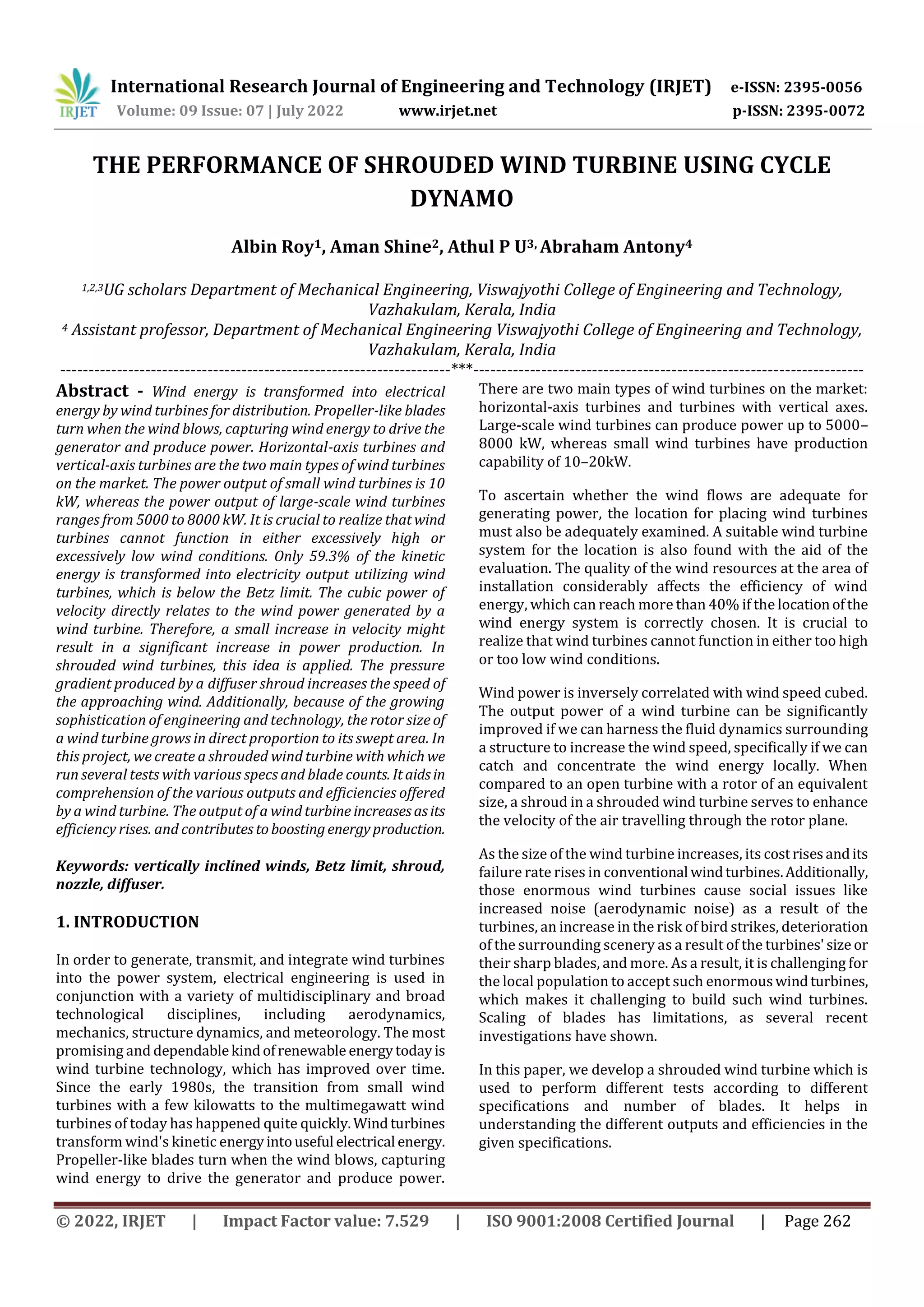 THE PERFORMANCE OF SHROUDED WIND TURBINE USING CYCLE DYNAMO | PDF