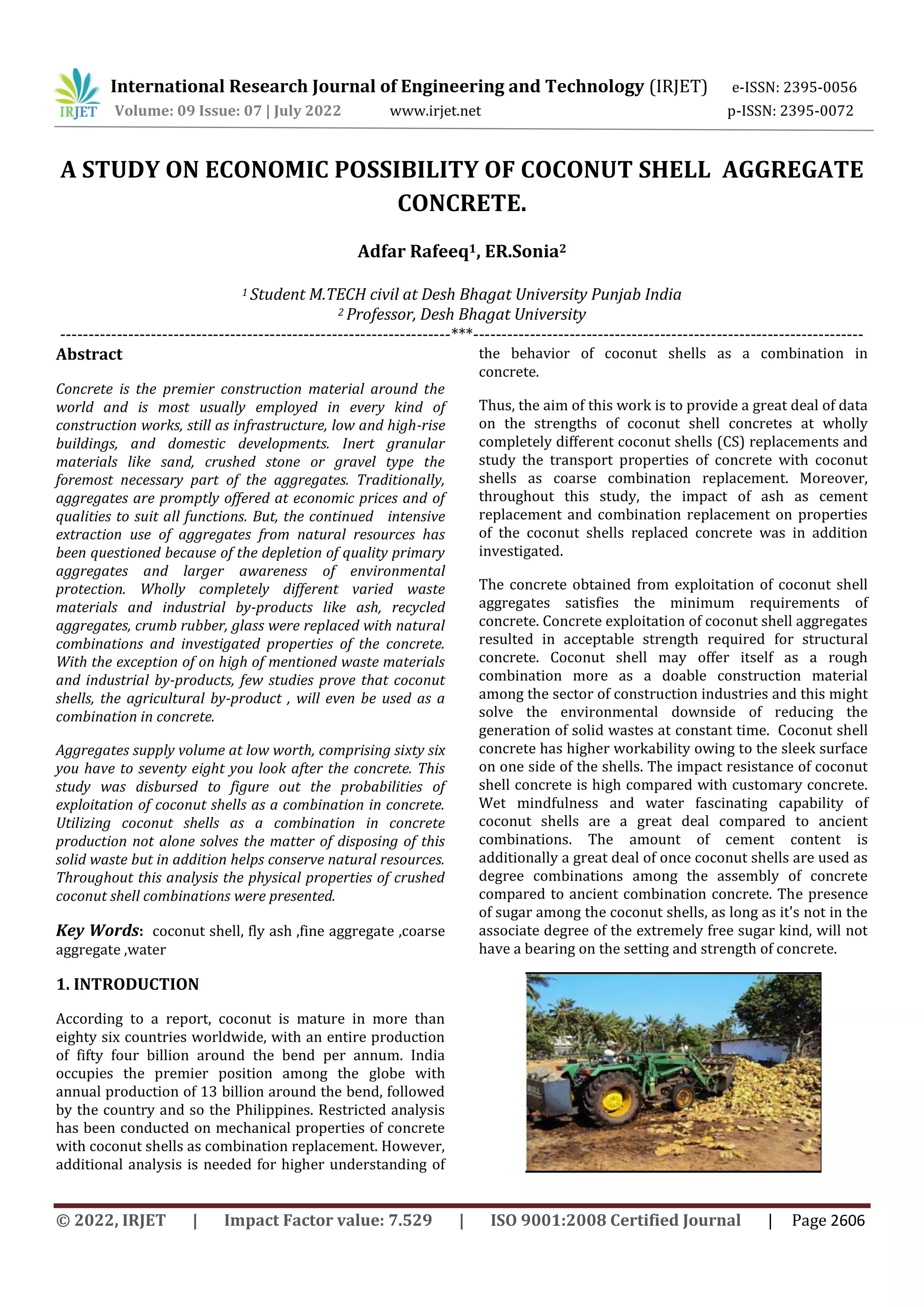 A STUDY ON ECONOMIC POSSIBILITY OF COCONUT SHELL AGGREGATE CONCRETE | PDF