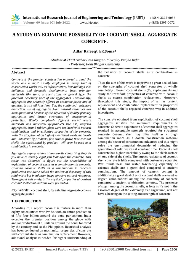 A STUDY ON ECONOMIC POSSIBILITY OF COCONUT SHELL AGGREGATE CONCRETE | PDF