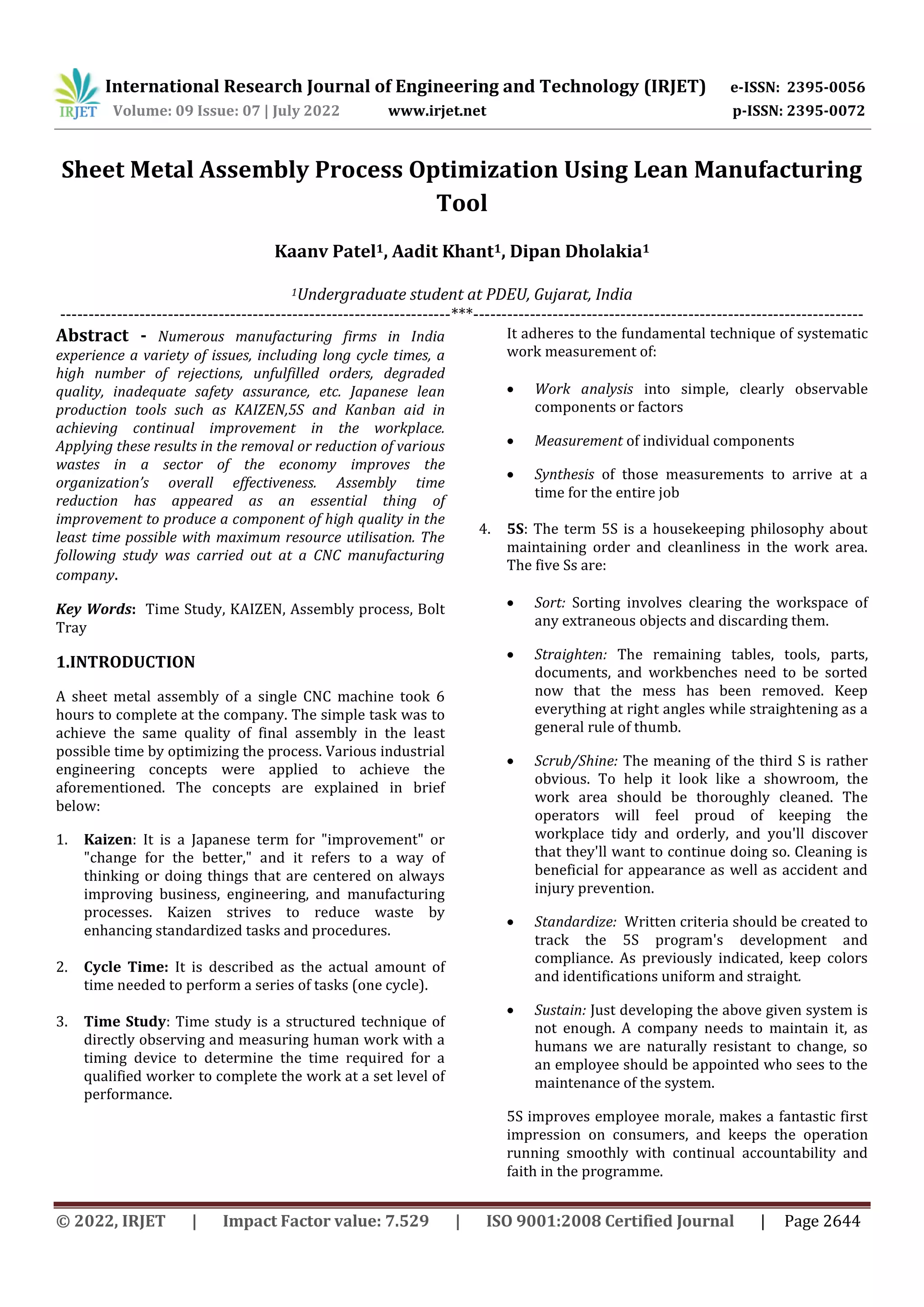 Sheet Metal Assembly Process Optimization Using Lean Manufacturing Tool | PDF
