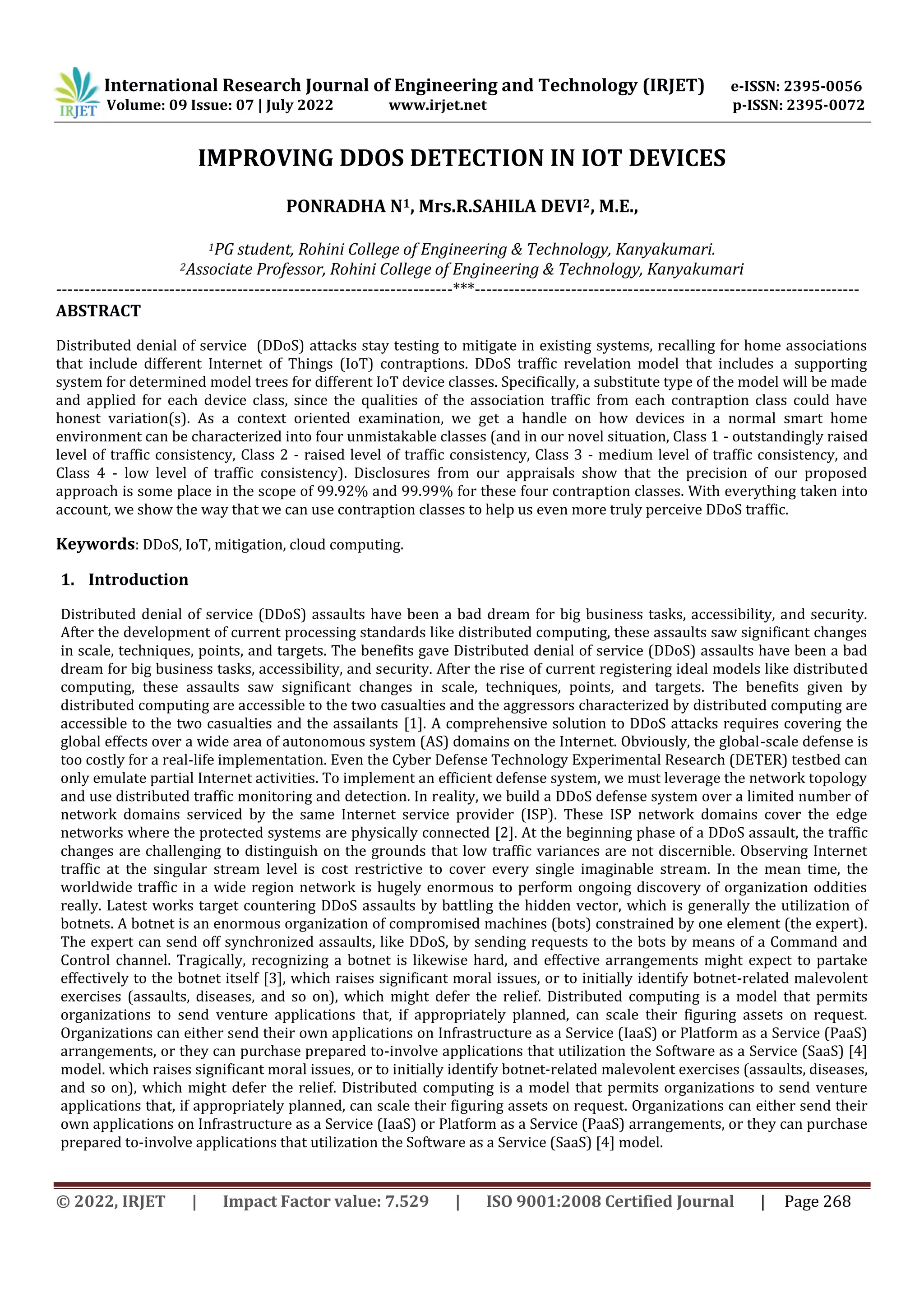 Improving Ddos Detection In Iot Devices Pdf Cloud Computing Internet