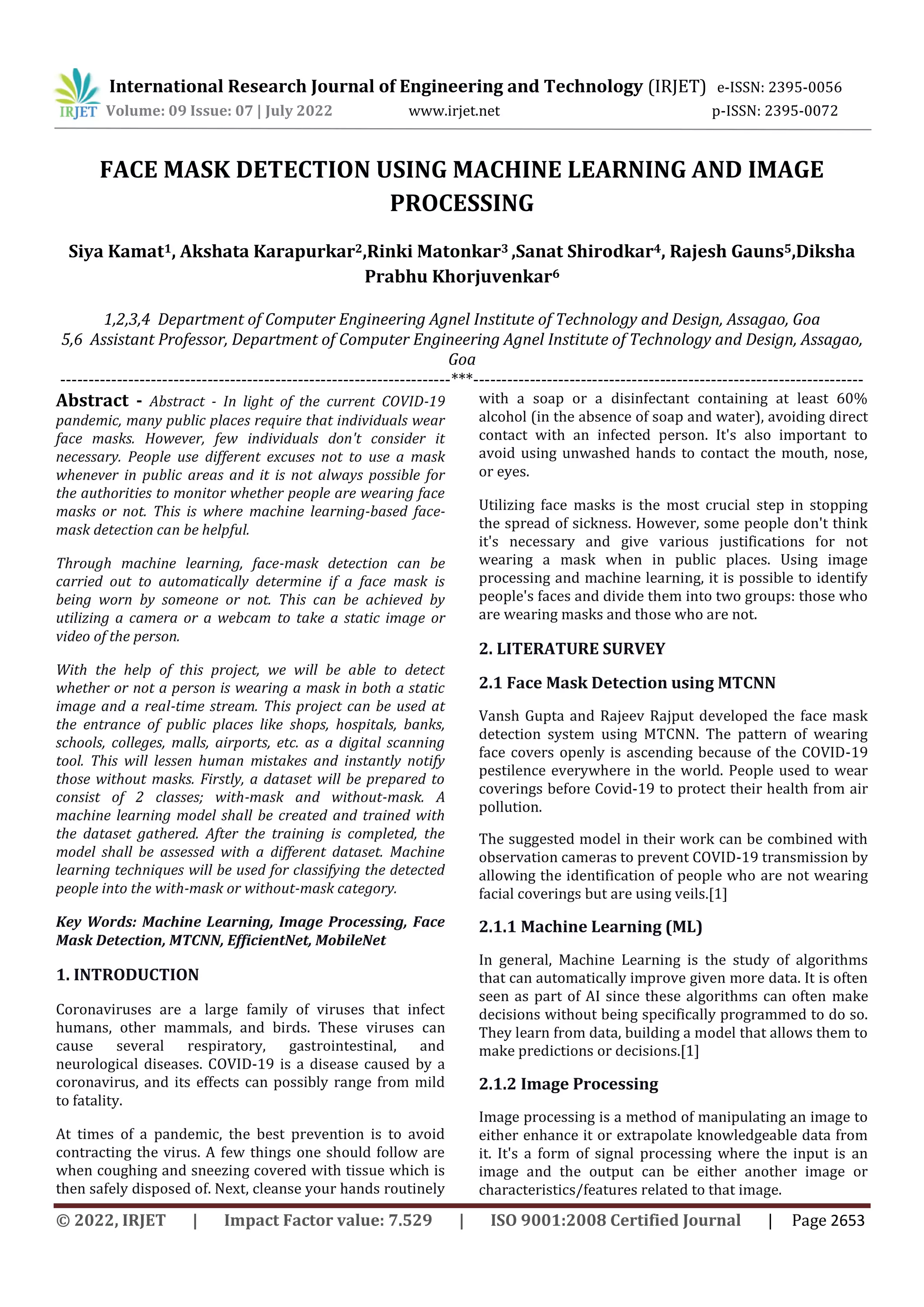 FACE MASK DETECTION USING MACHINE LEARNING AND IMAGE PROCESSING | PDF