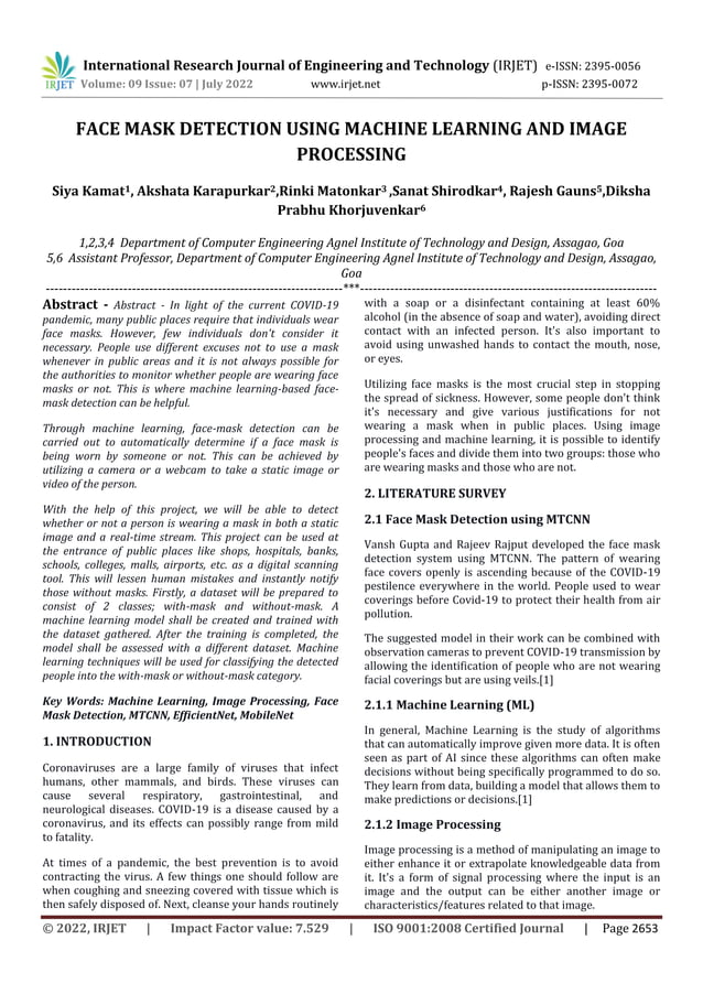 FACE MASK DETECTION USING MACHINE LEARNING AND IMAGE PROCESSING | PDF