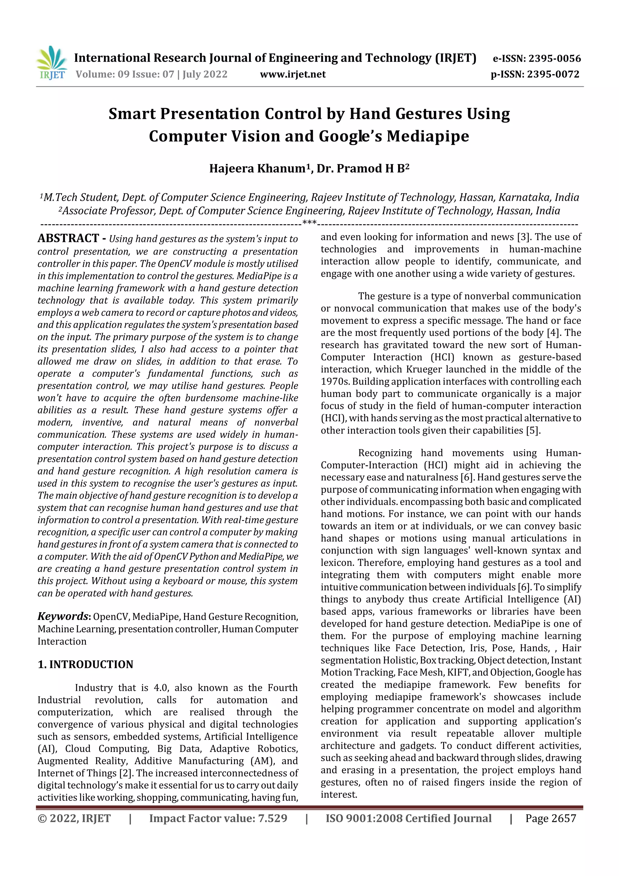 Smart Presentation Control by Hand Gestures Using Computer Vision and Google’s Mediapipe | PDF