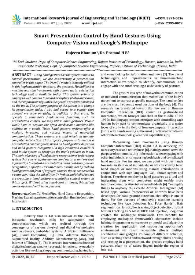 Smart Presentation Control by Hand Gestures Using Computer Vision and Google’s Mediapipe | PDF
