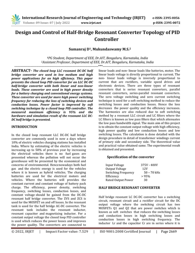 Design and Control of Half-Bridge Resonant Converter Topology of PID Controller | PDF