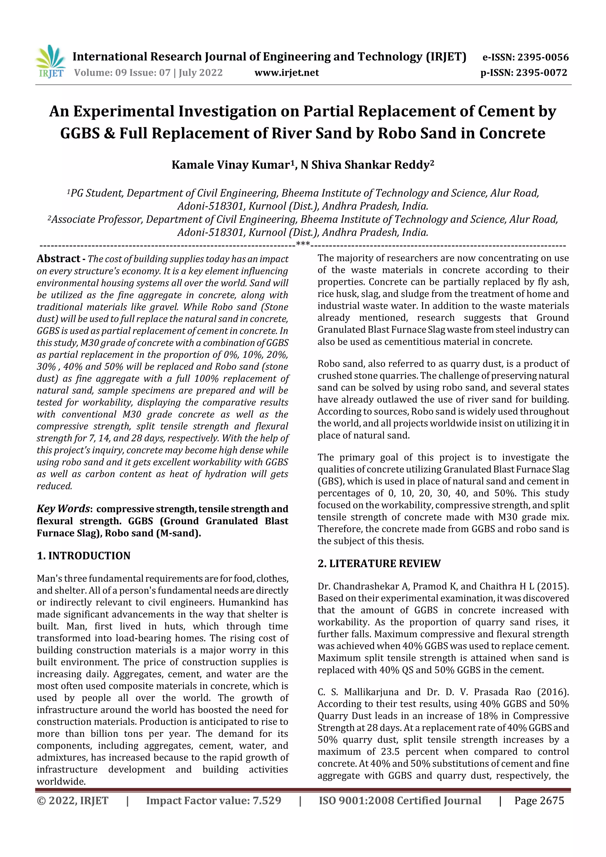 An Experimental Investigation on Partial Replacement of Cement by GGBS ...