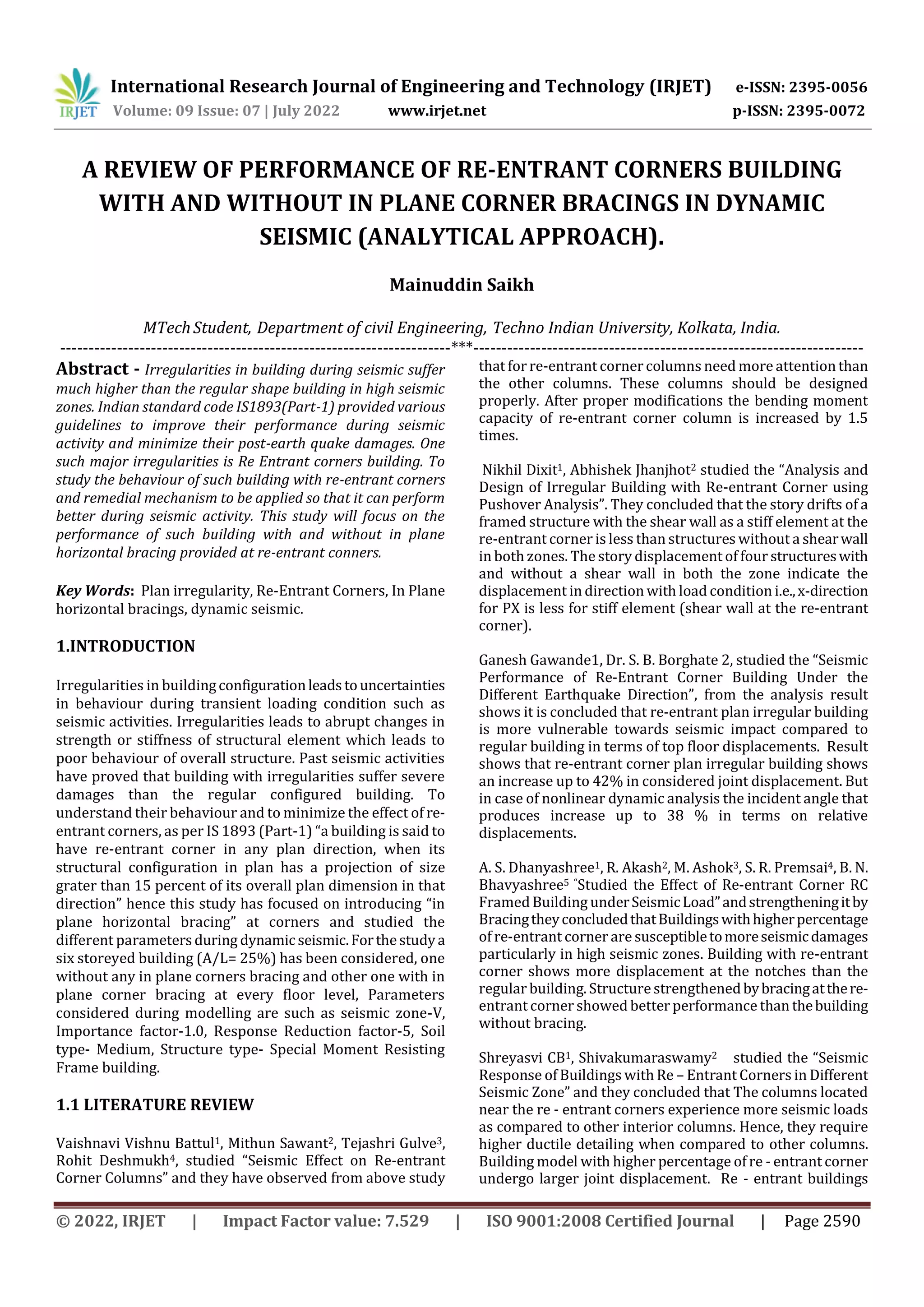 A REVIEW OF PERFORMANCE OF RE-ENTRANT CORNERS BUILDING WITH AND WITHOUT ...