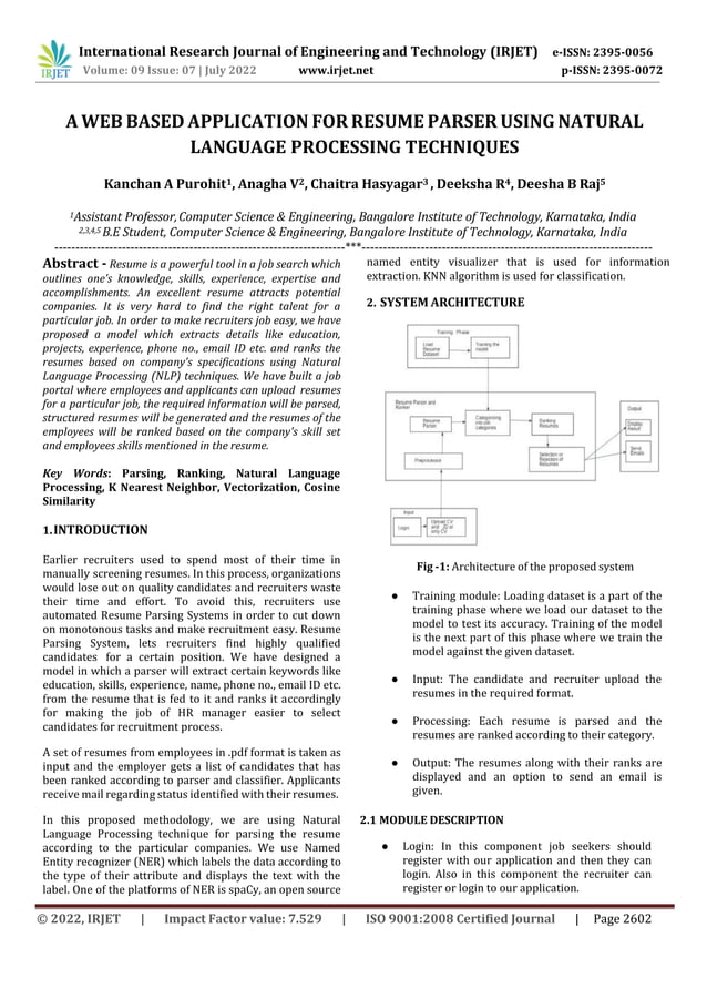 A WEB BASED APPLICATION FOR RESUME PARSER USING NATURAL LANGUAGE PROCESSING TECHNIQUES | PDF ...