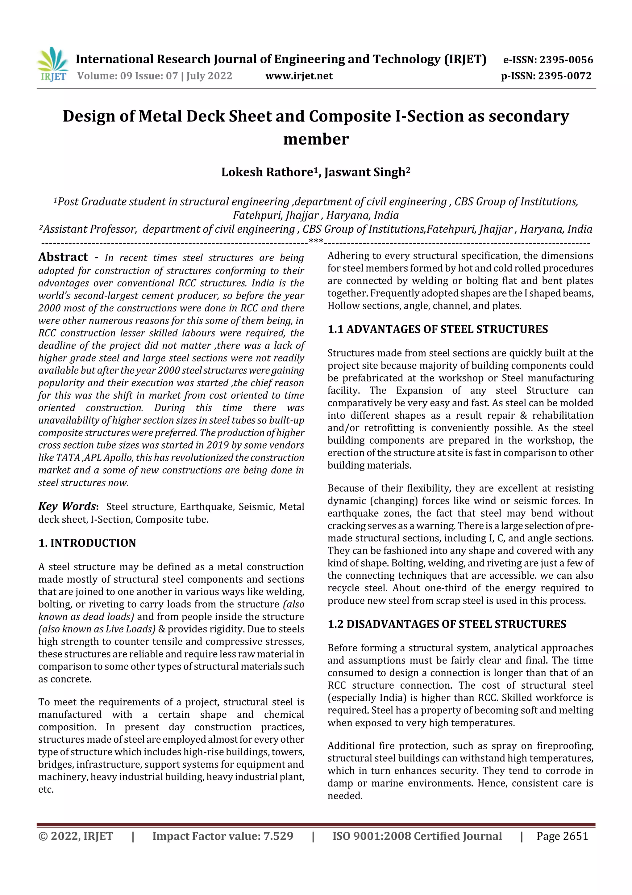Design of Metal Deck Sheet and Composite I-Section as secondary member ...