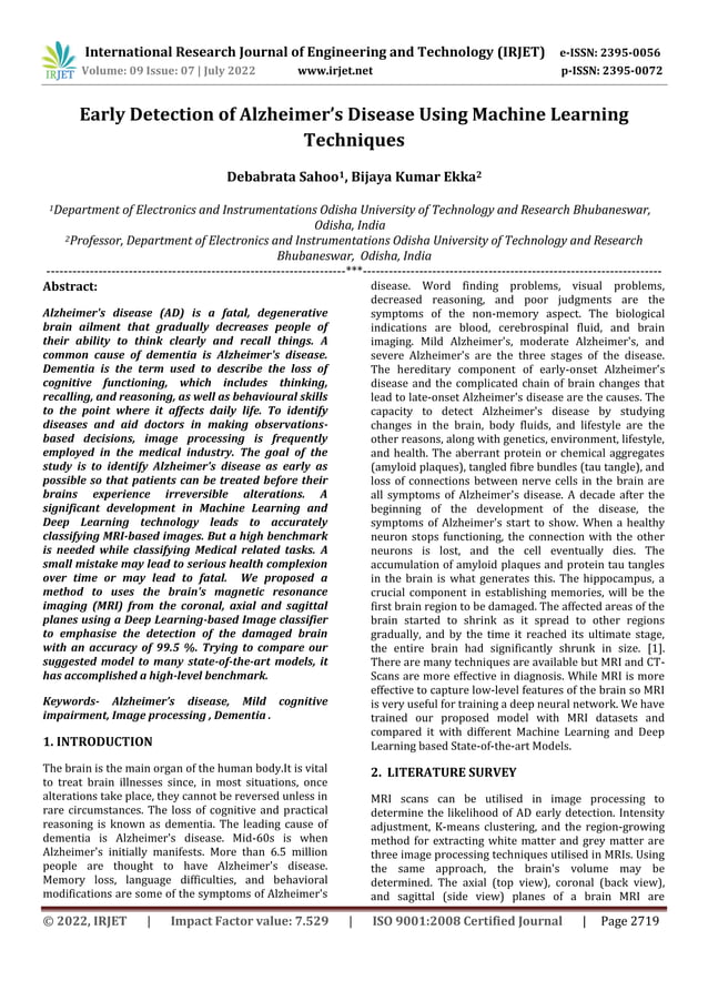 Early Detection of Alzheimer’s Disease Using Machine Learning Techniques | PDF