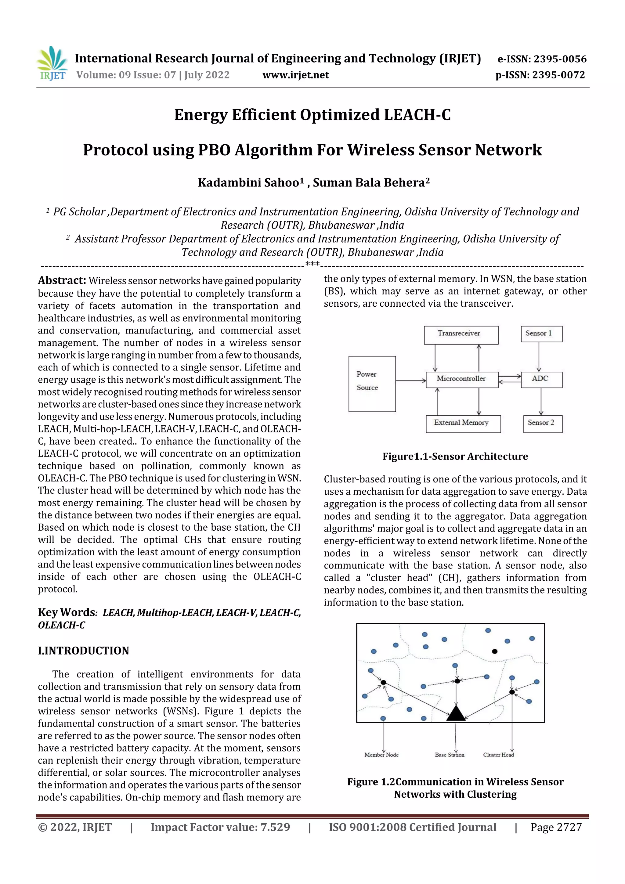 Energy Efficient Optimized Leach C Protocol Using Pbo Algorithm For Wireless Sensor Network Pdf