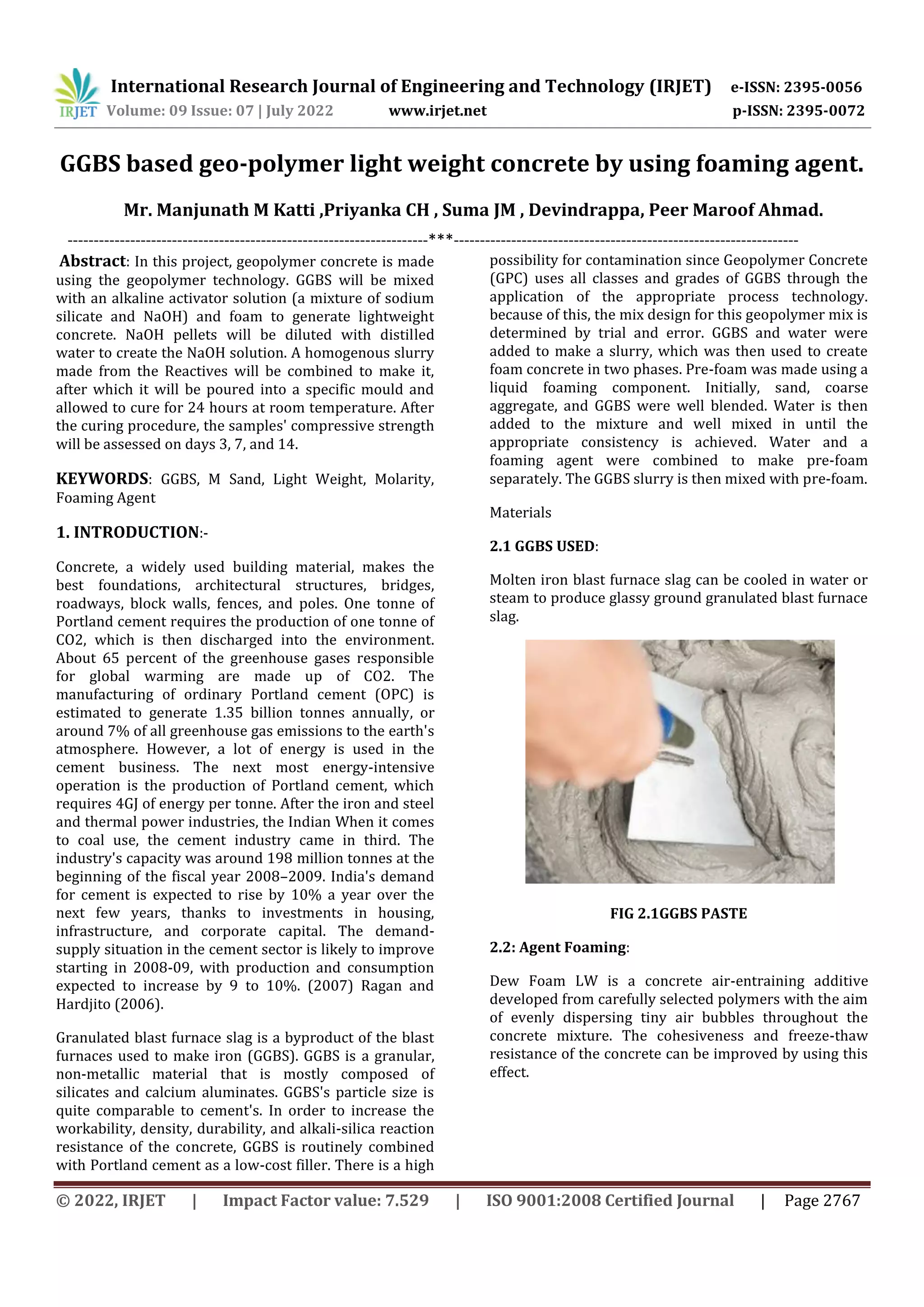 GGBS based geo-polymer light weight concrete by using foaming agent. | PDF