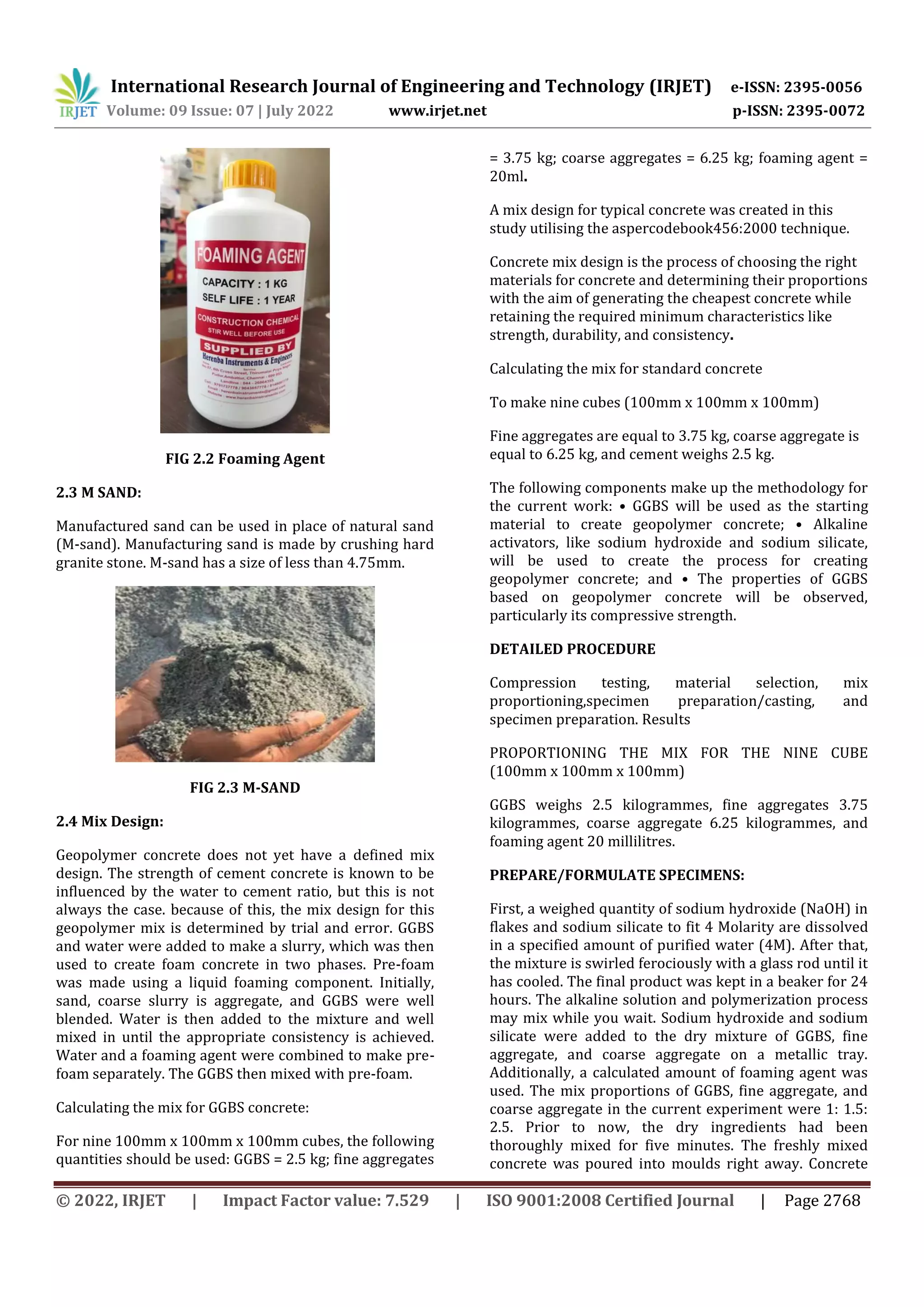 GGBS based geo-polymer light weight concrete by using foaming agent. | PDF