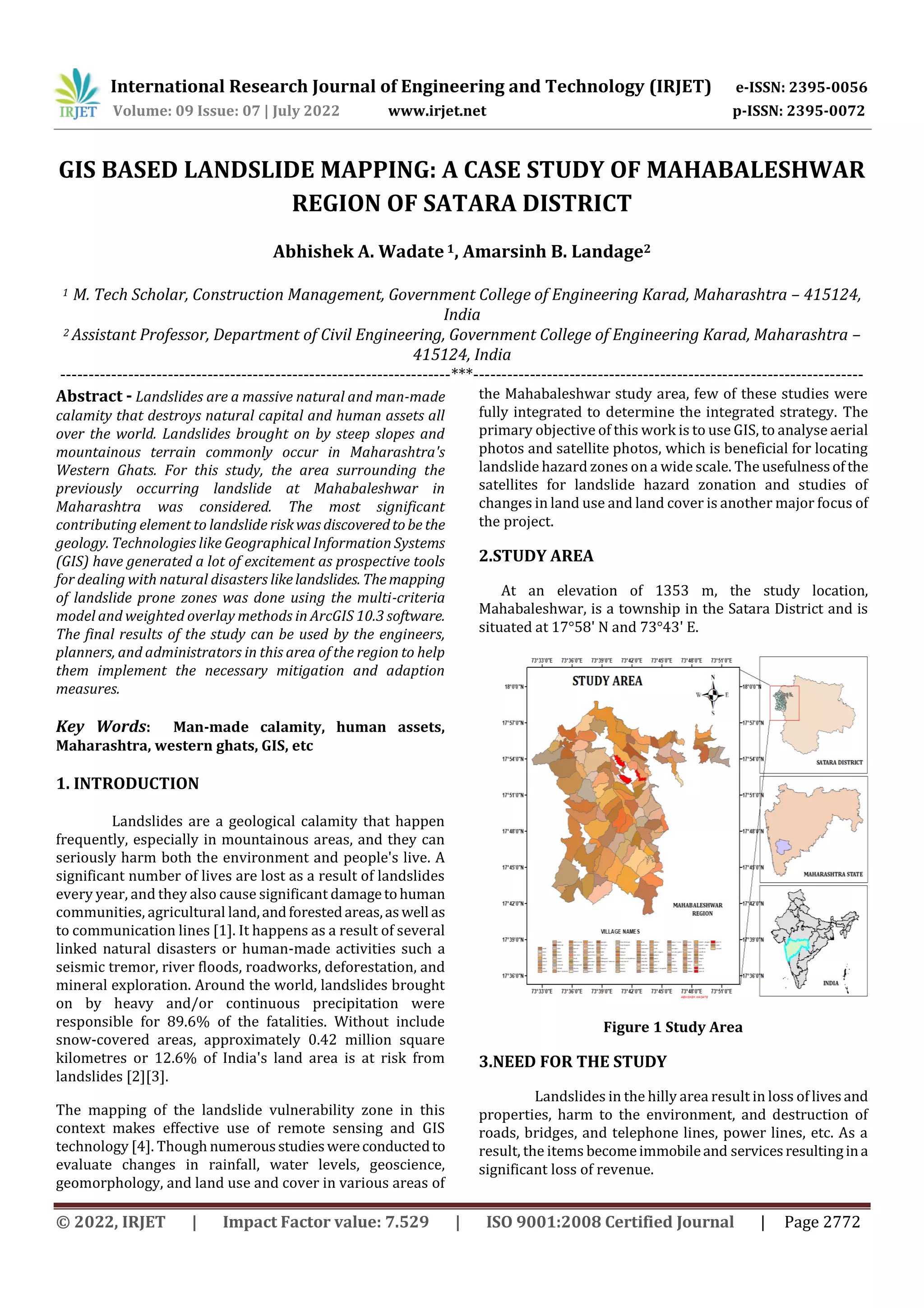 GIS BASED LANDSLIDE MAPPING: A CASE STUDY OF MAHABALESHWAR REGION OF SATARA DISTRICT | PDF ...