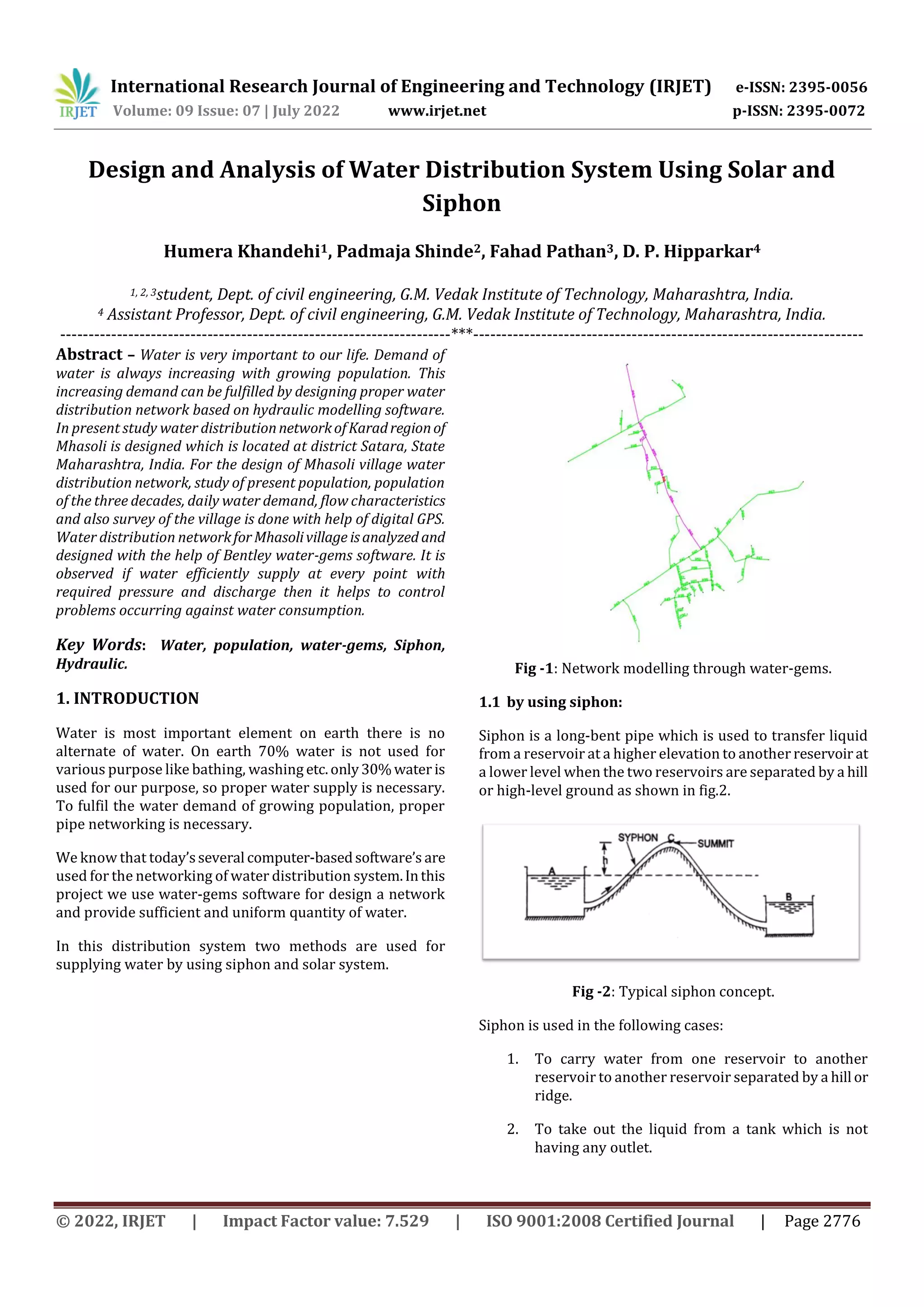 Design and Analysis of Water Distribution System Using Solar and Siphon | PDF