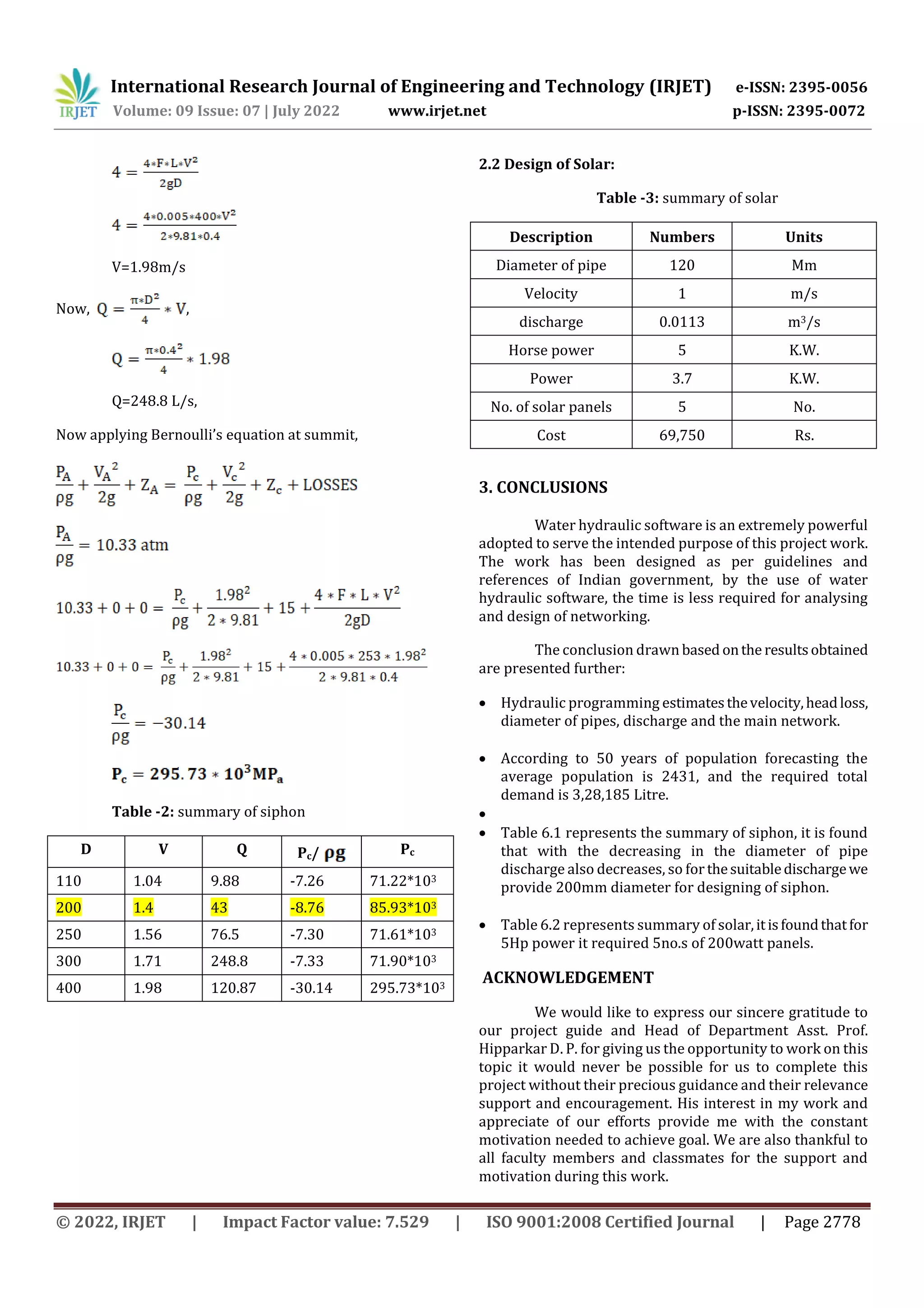 Design and Analysis of Water Distribution System Using Solar and Siphon ...