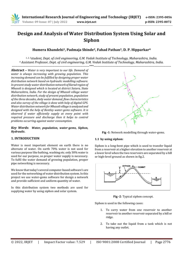 Design and Analysis of Water Distribution System Using Solar and Siphon | PDF