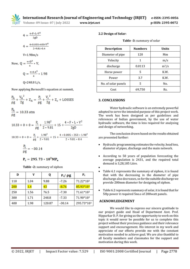 Design and Analysis of Water Distribution System Using Solar and Siphon | PDF