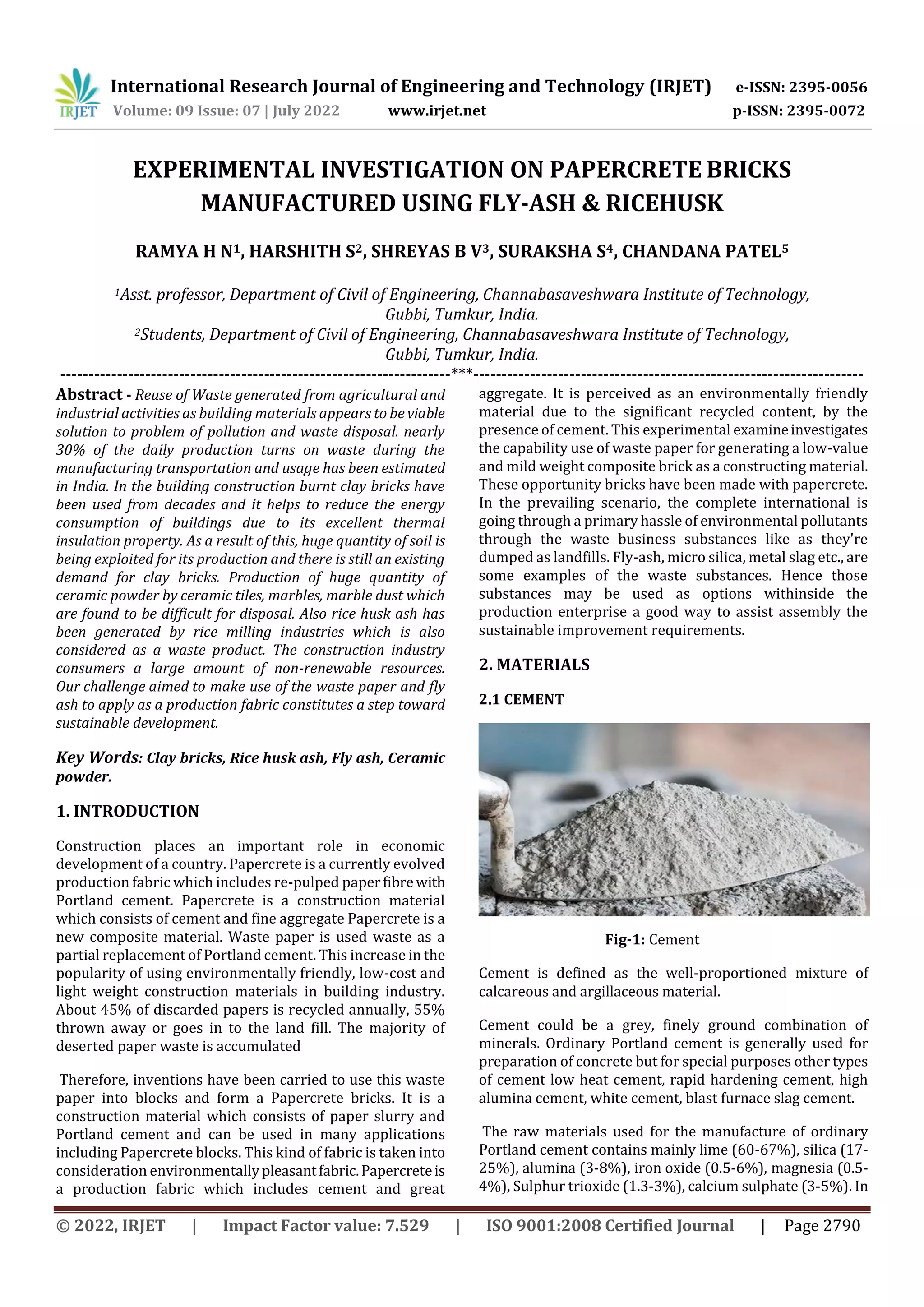 EXPERIMENTAL INVESTIGATION ON PAPERCRETE BRICKS MANUFACTURED USING FLY ...