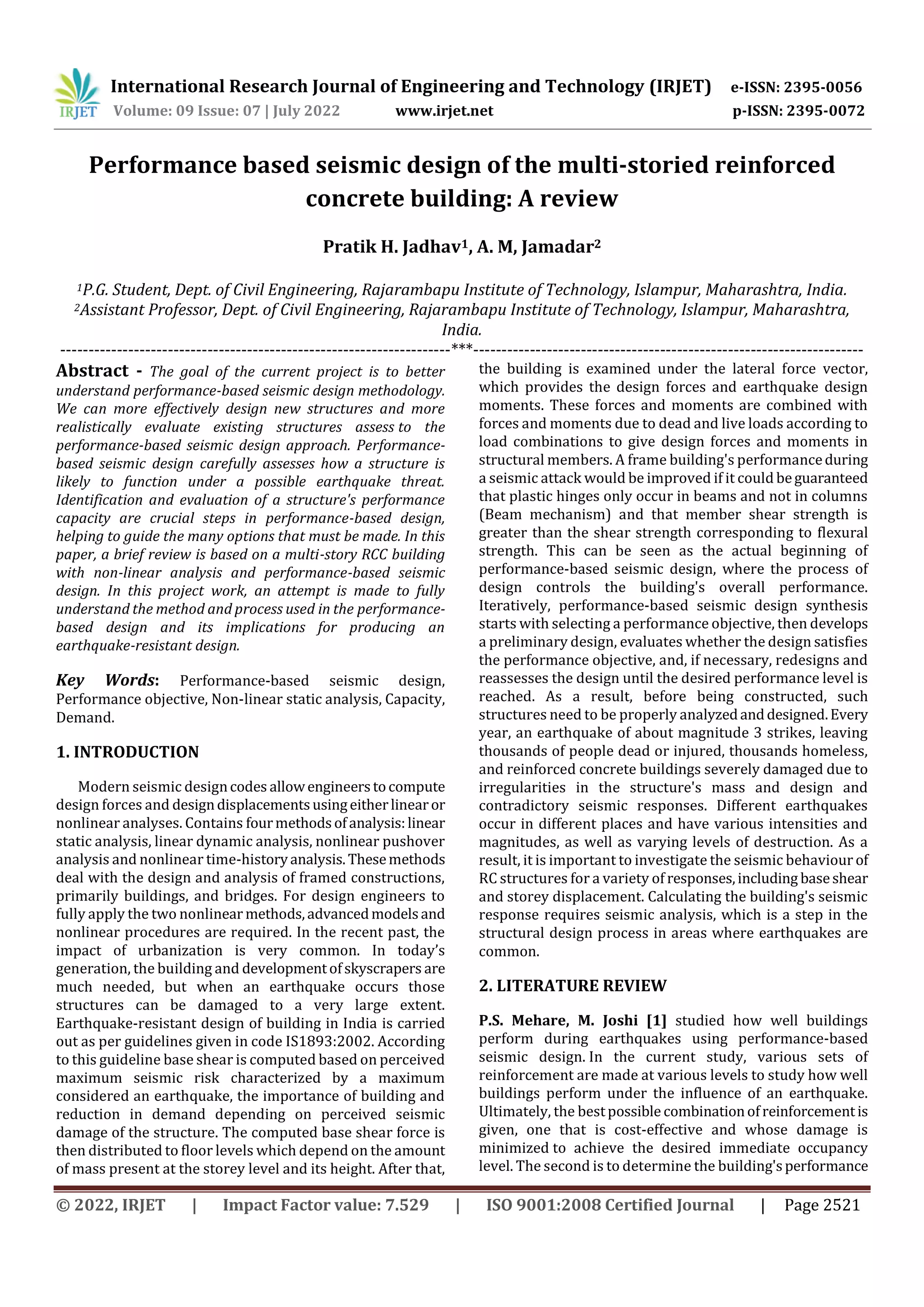 Performance based seismic design of the multi-storied reinforced concrete building: A review | PDF
