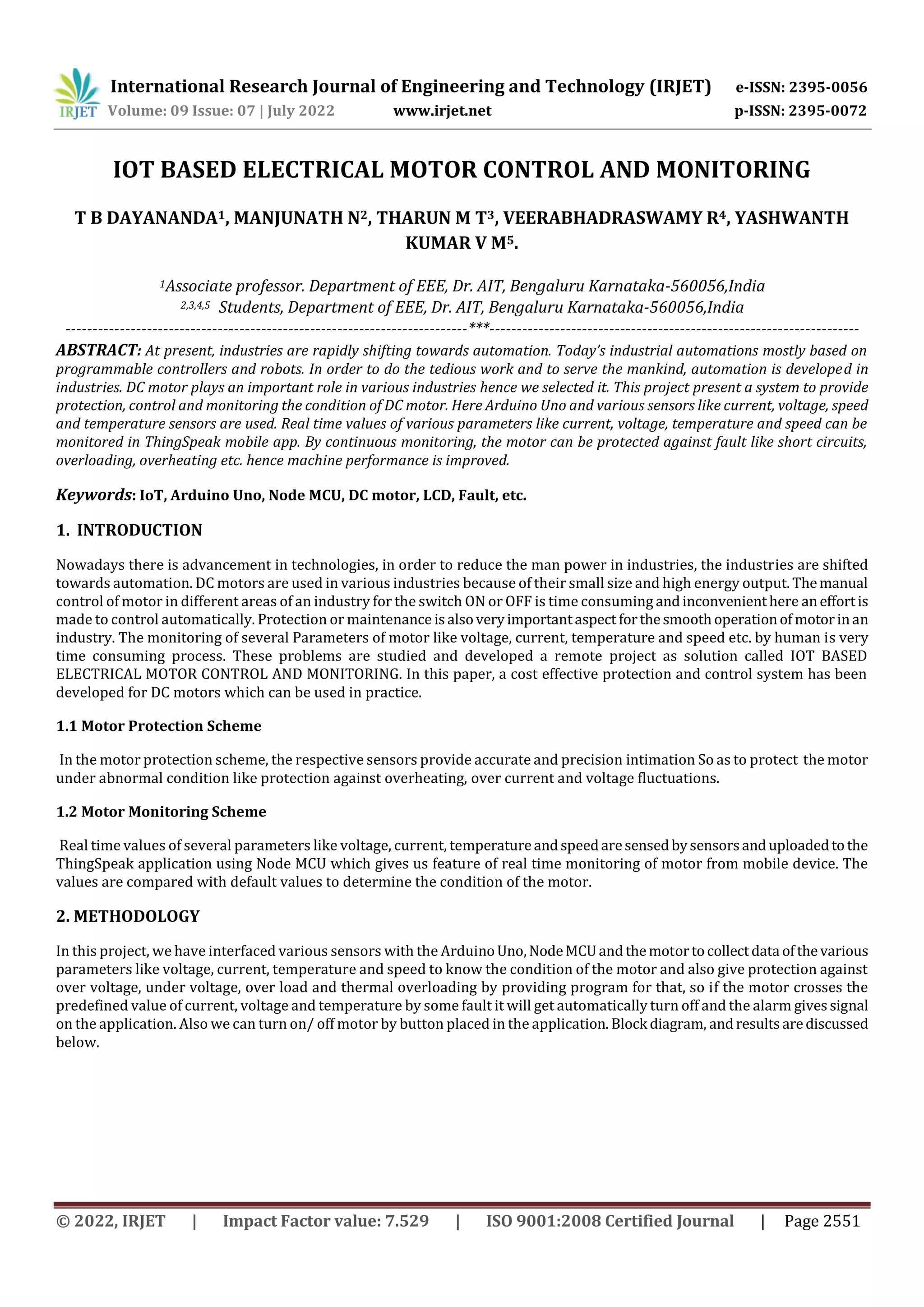 IOT BASED ELECTRICAL MOTOR CONTROL AND MONITORING | PDF