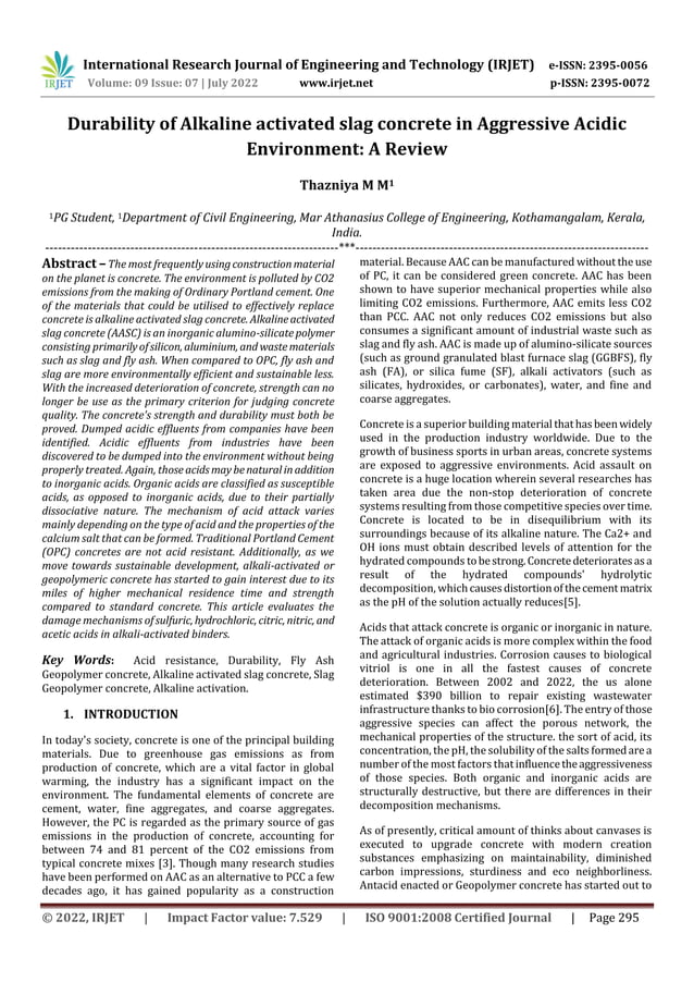 Durability of Alkaline activated slag concrete in Aggressive Acidic ...