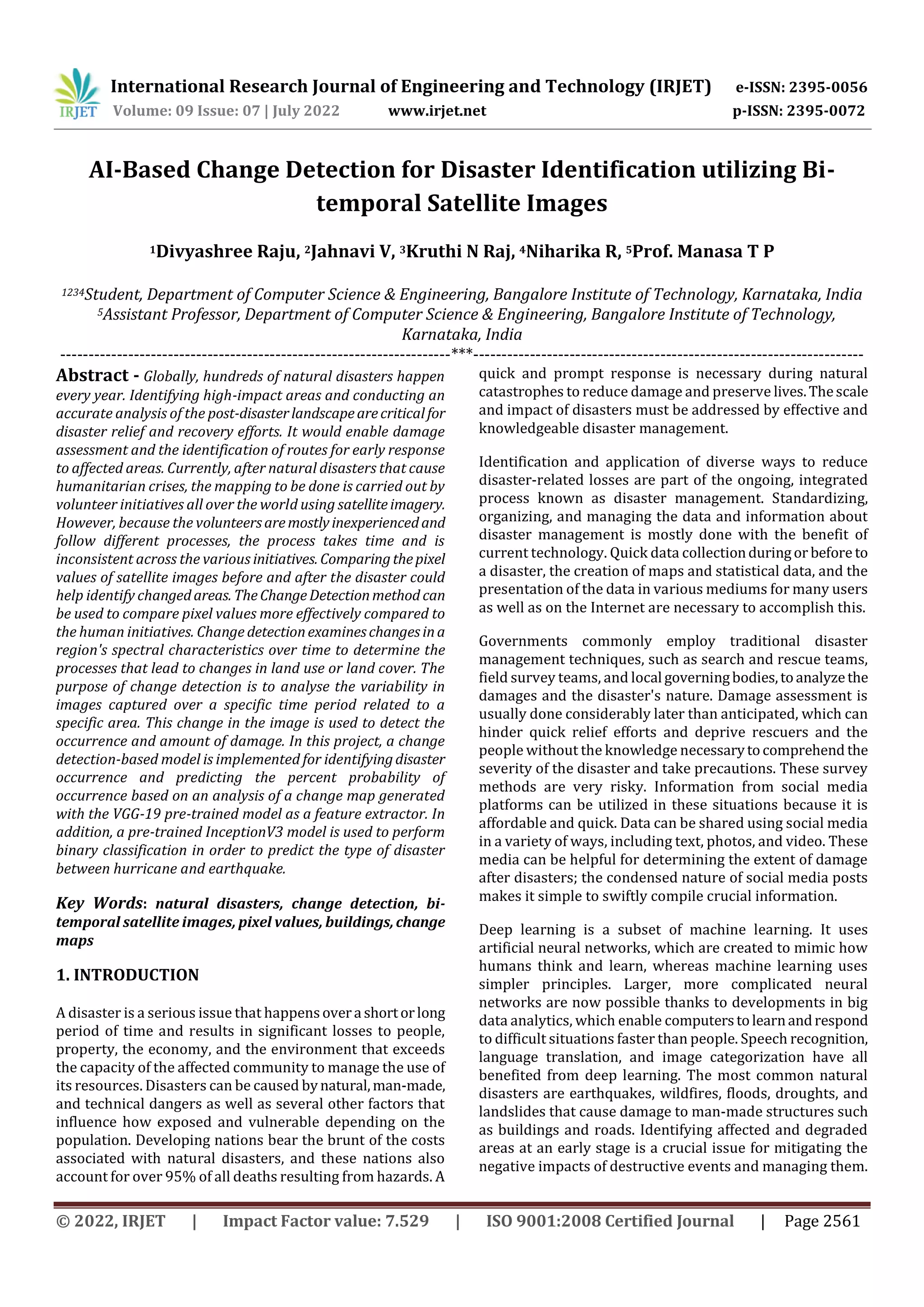AI-Based Change Detection for Disaster Identification utilizing Bi- temporal Satellite Images | PDF