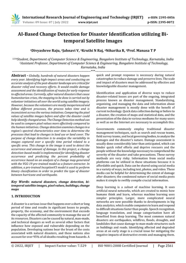 AI-Based Change Detection for Disaster Identification utilizing Bi- temporal Satellite Images | PDF
