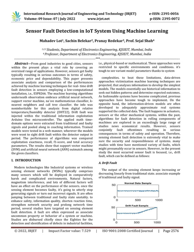 Sensor Fault Detection in IoT System Using Machine Learning | PDF