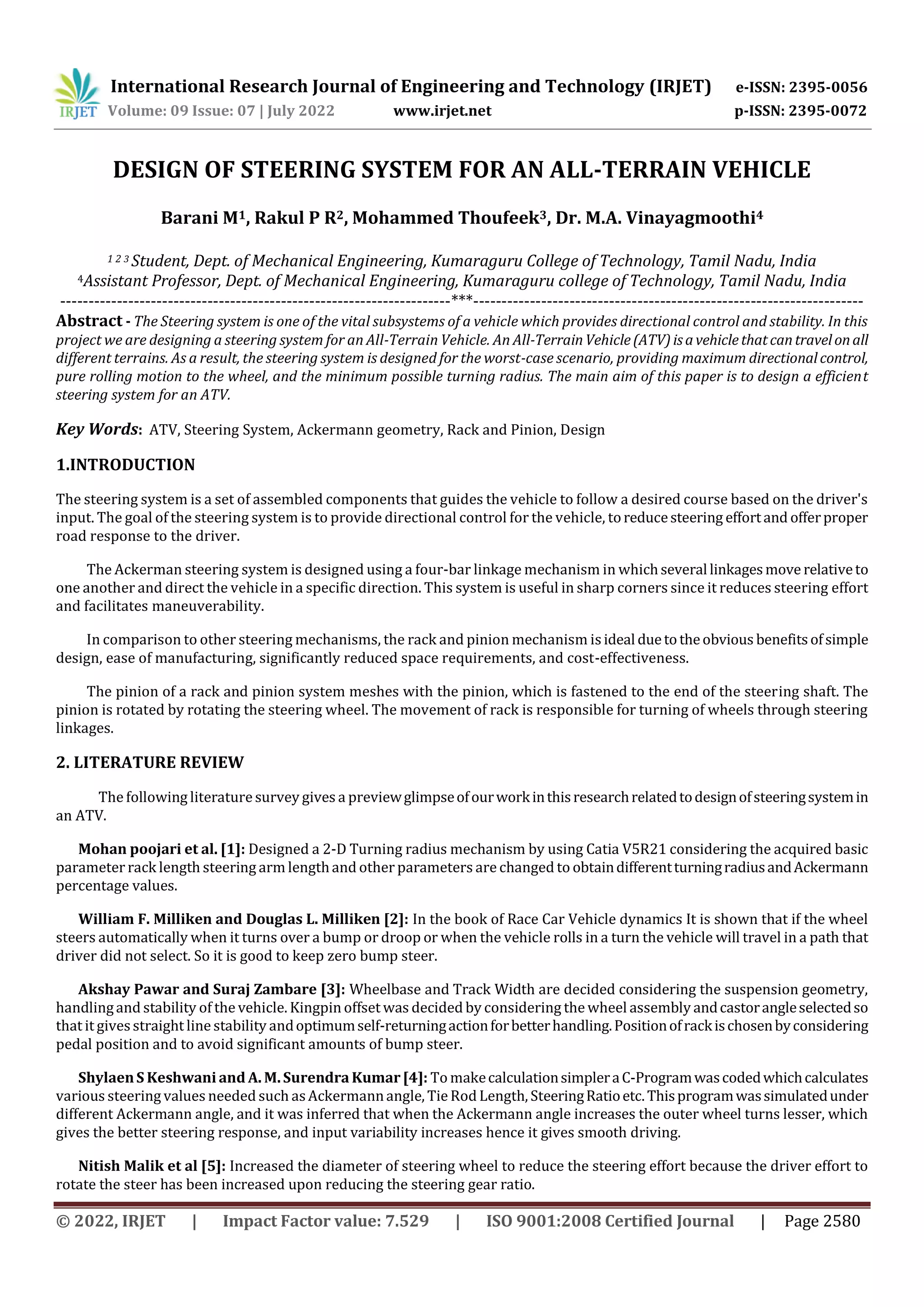 DESIGN OF STEERING SYSTEM FOR AN ALL-TERRAIN VEHICLE | PDF