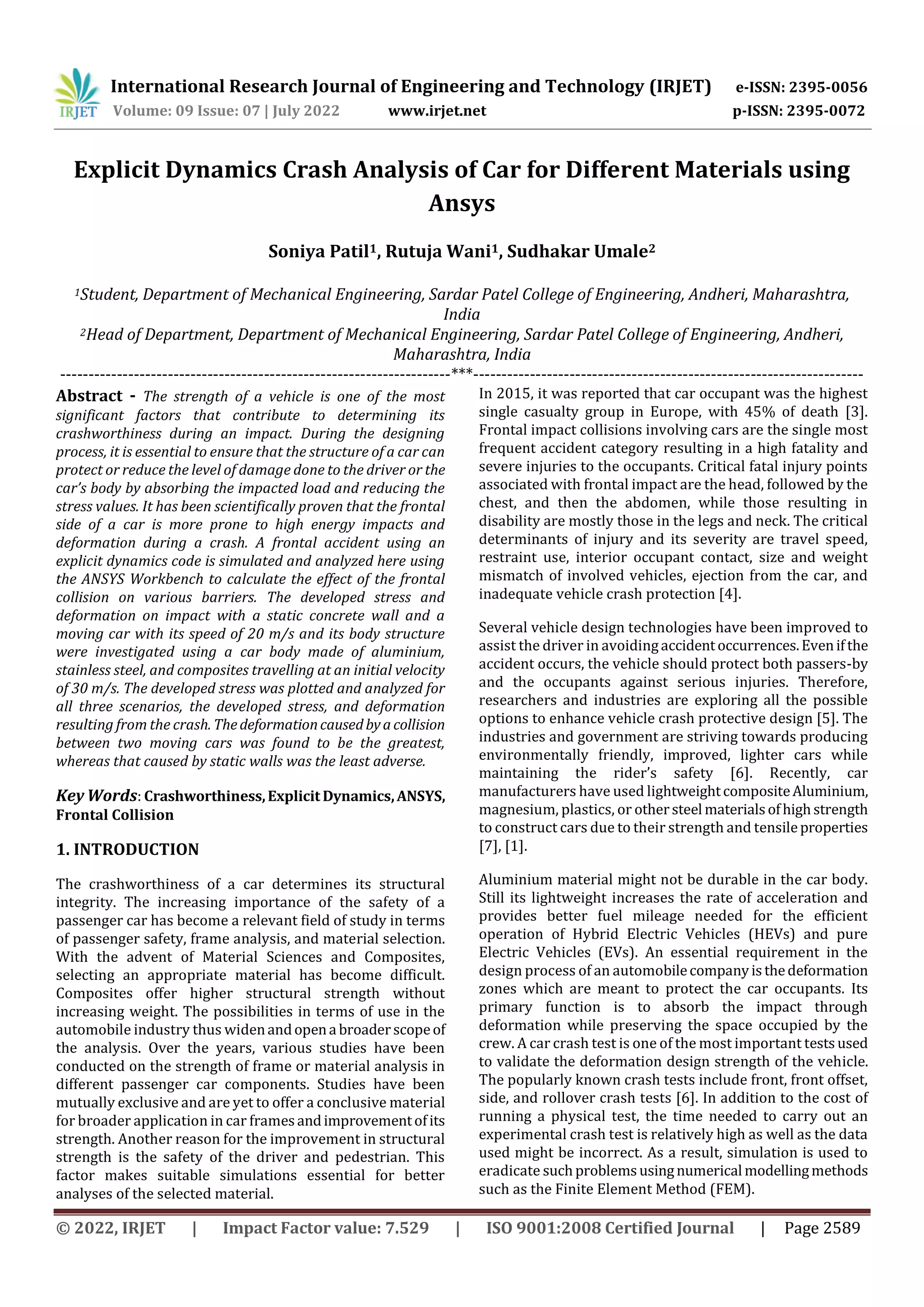 Explicit Dynamics Crash Analysis of Car for Different Materials using Ansys | PDF