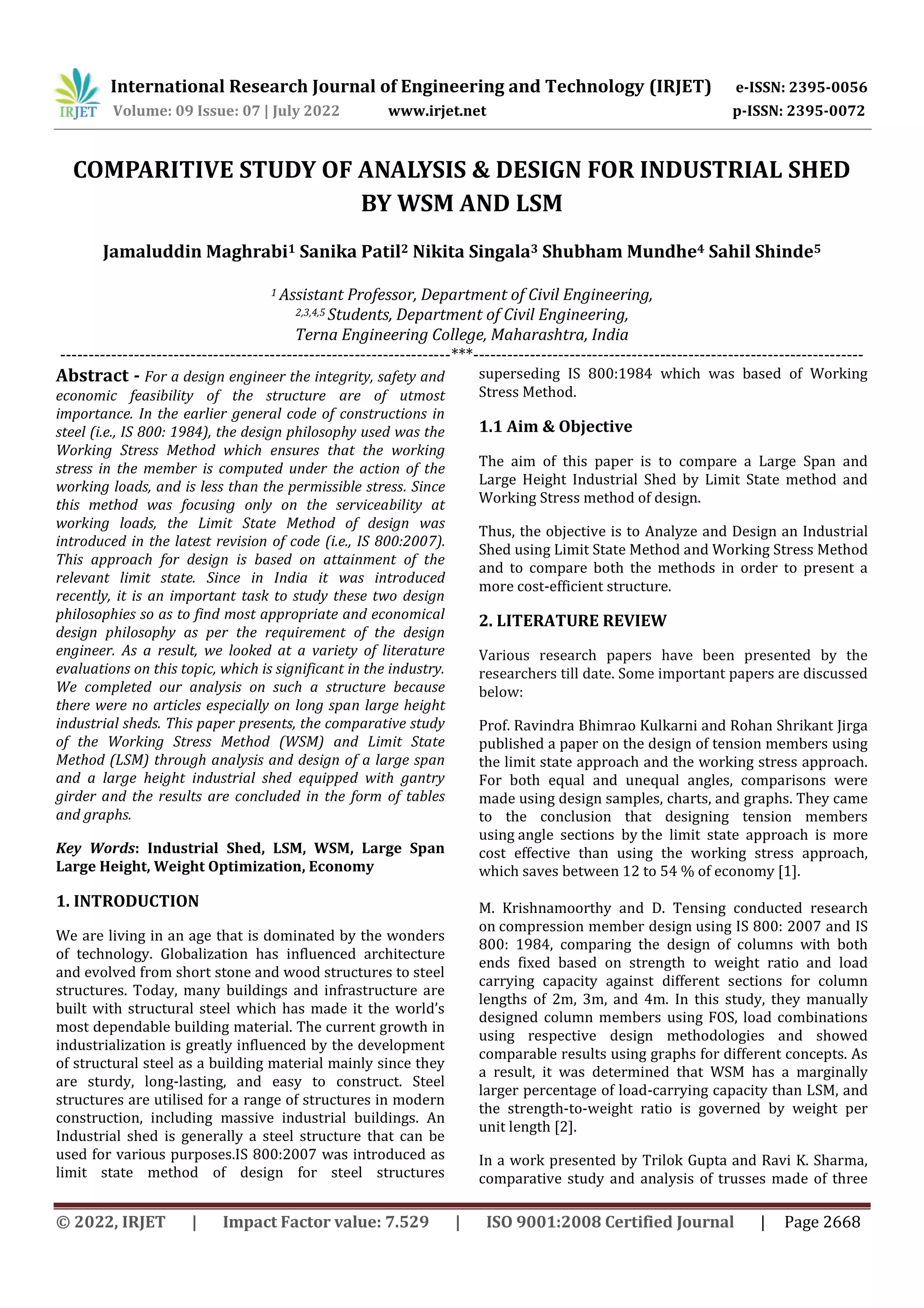 COMPARITIVE STUDY OF ANALYSIS & DESIGN FOR INDUSTRIAL SHED BY WSM AND ...