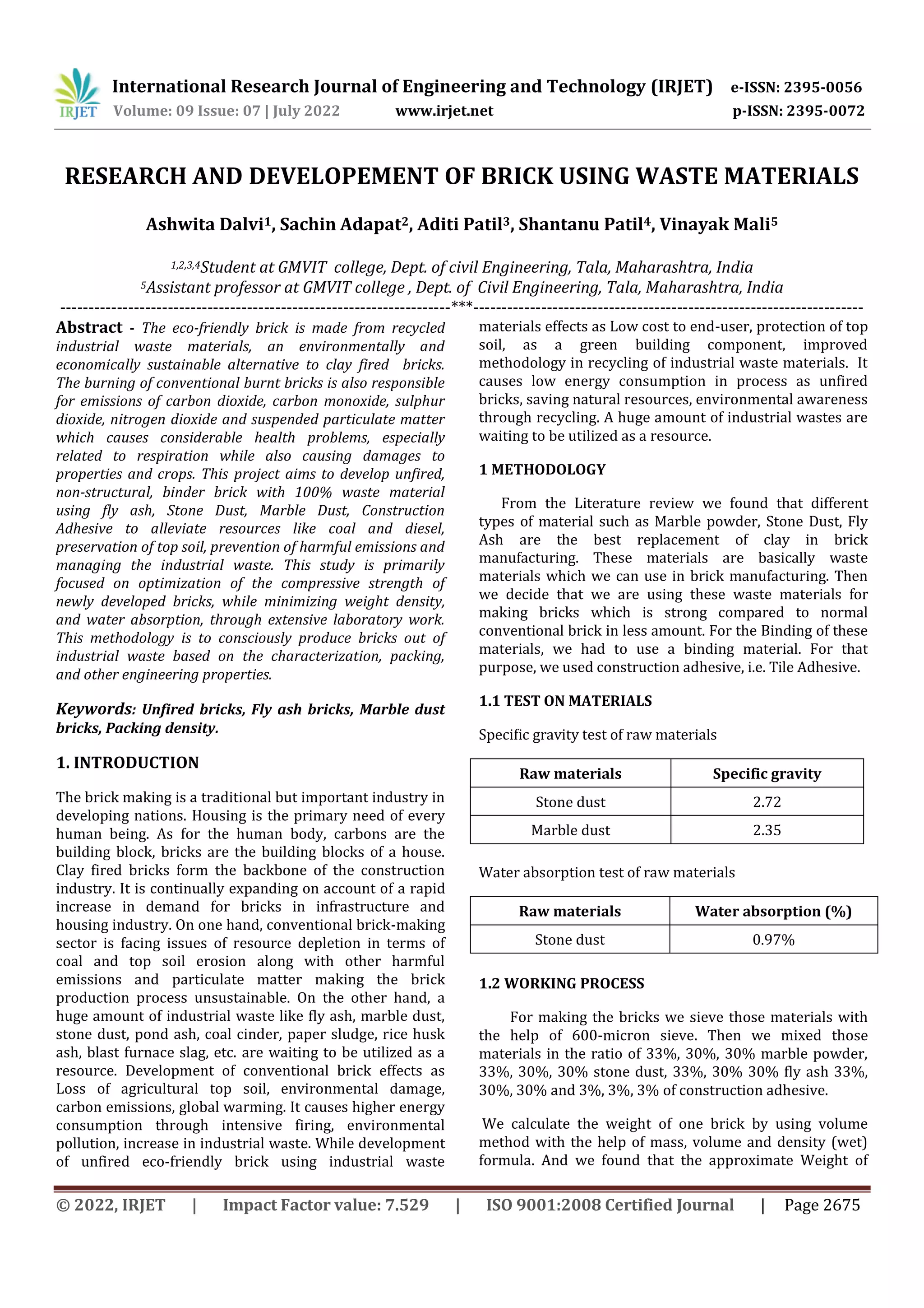 RESEARCH AND DEVELOPEMENT OF BRICK USING WASTE MATERIALS | PDF