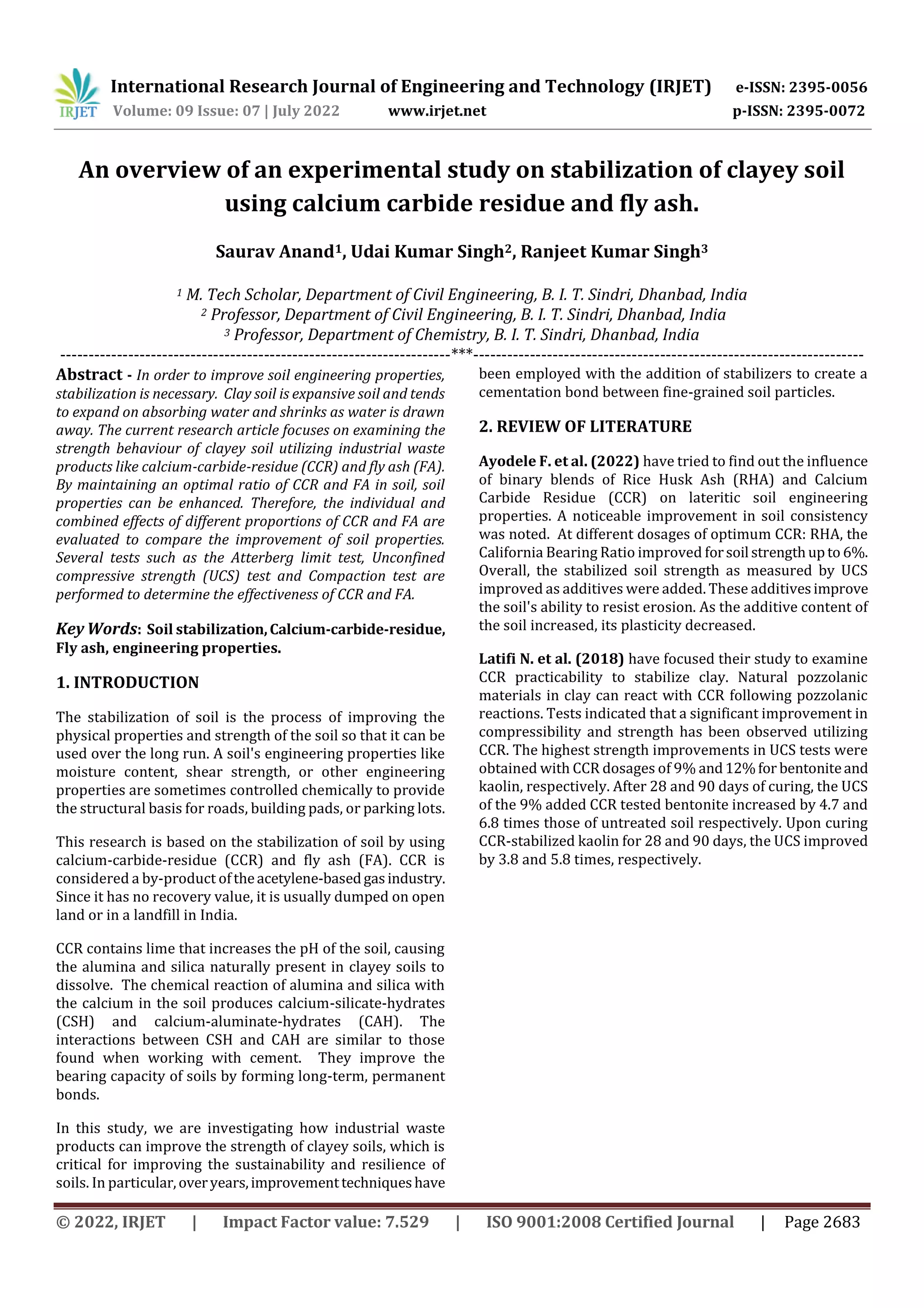 An overview of an experimental study on stabilization of clayey soil ...