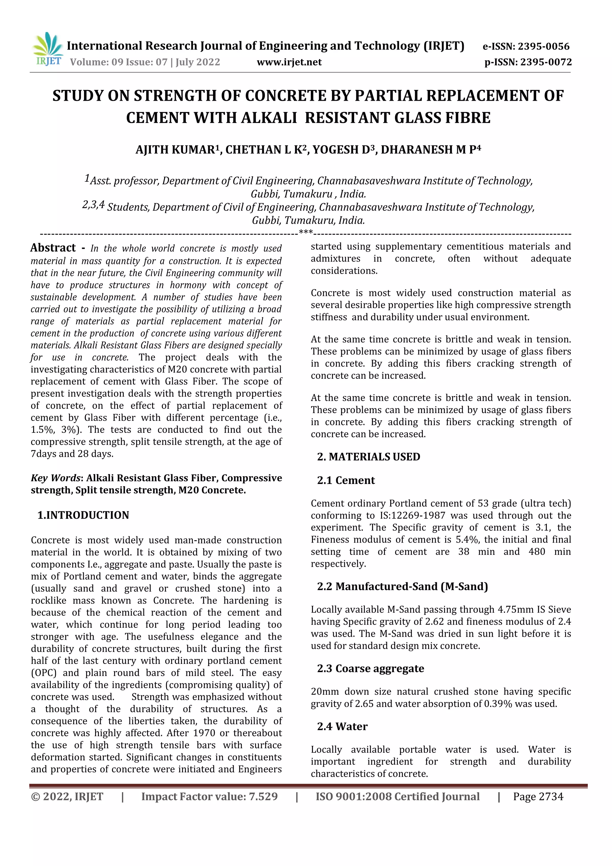STUDY ON STRENGTH OF CONCRETE BY PARTIAL REPLACEMENT OF CEMENT WITH ...