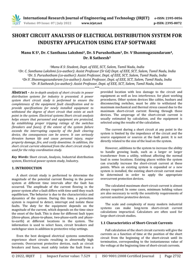 SHORT CIRCUIT ANALYSIS OF ELECTRICAL DISTRIBUTION SYSTEM FOR INDUSTRY APPLICATION USING ETAP ...