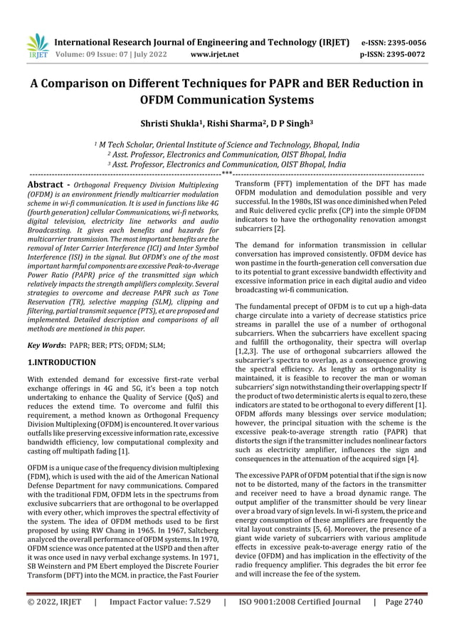A Comparison On Different Techniques For Papr And Ber Reduction In Ofdm Communication Systems Pdf