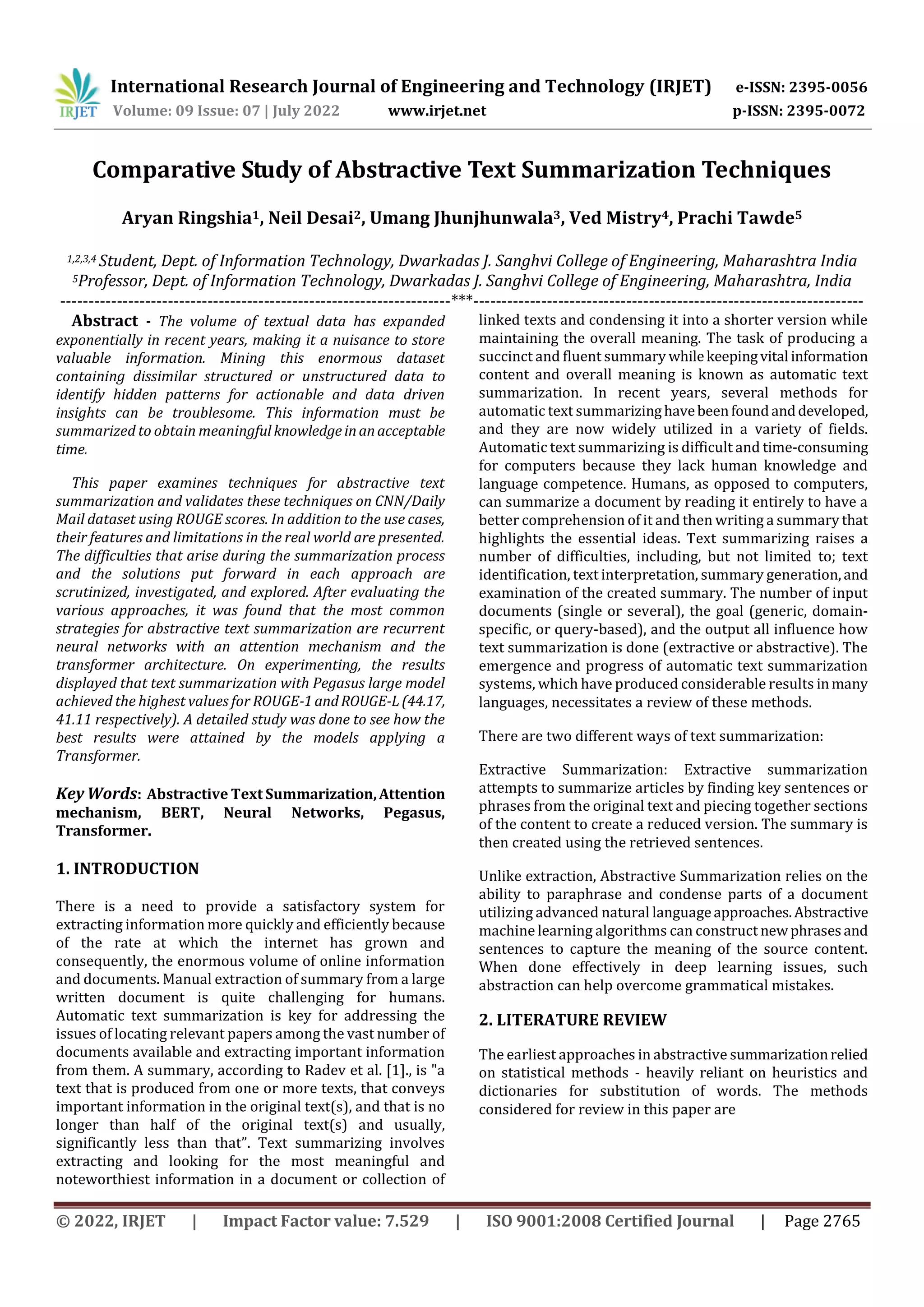 Comparative Study of Abstractive Text Summarization Techniques | PDF