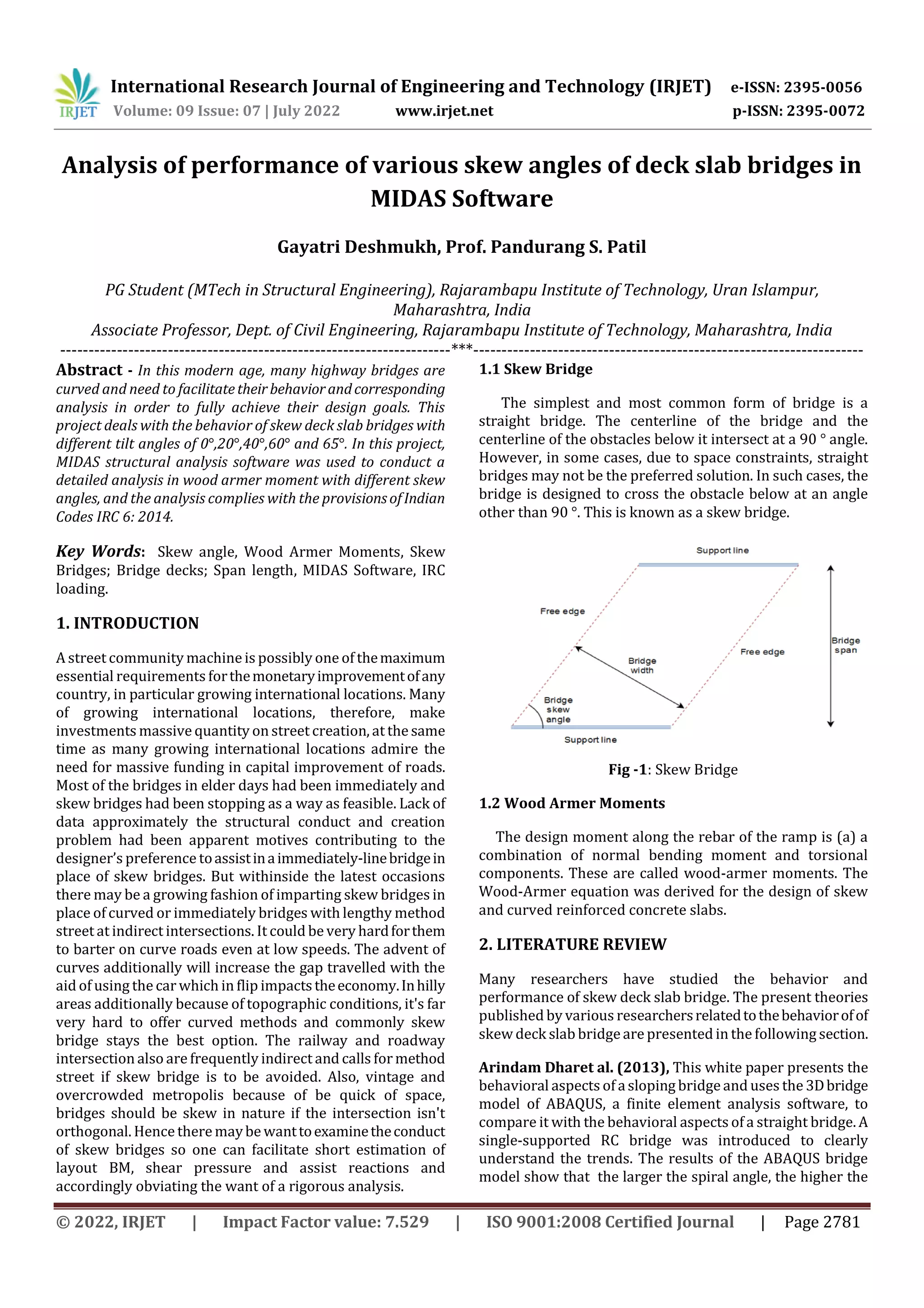 Analysis of performance of various skew angles of deck slab bridges in ...