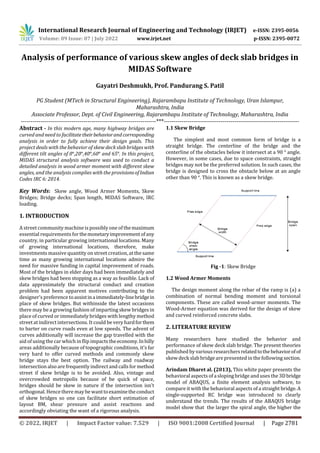 Analysis of performance of various skew angles of deck slab bridges in MIDAS Software | PDF